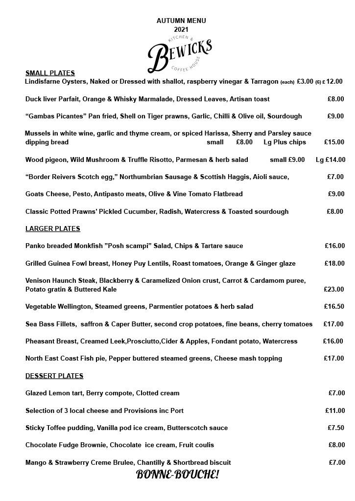 Menu at Bewicks Rothbury restaurant, Rothbury