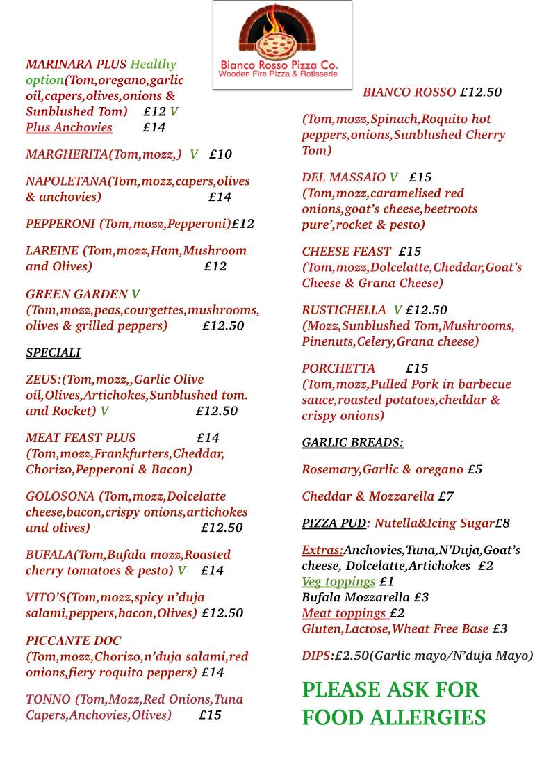 Menu at Bianco Rosso Pizza Co pizzeria, Bath