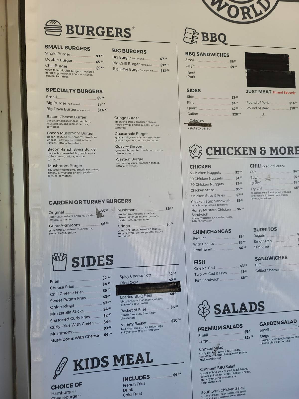 Menu at Big Burger World restaurant, Cañon City
