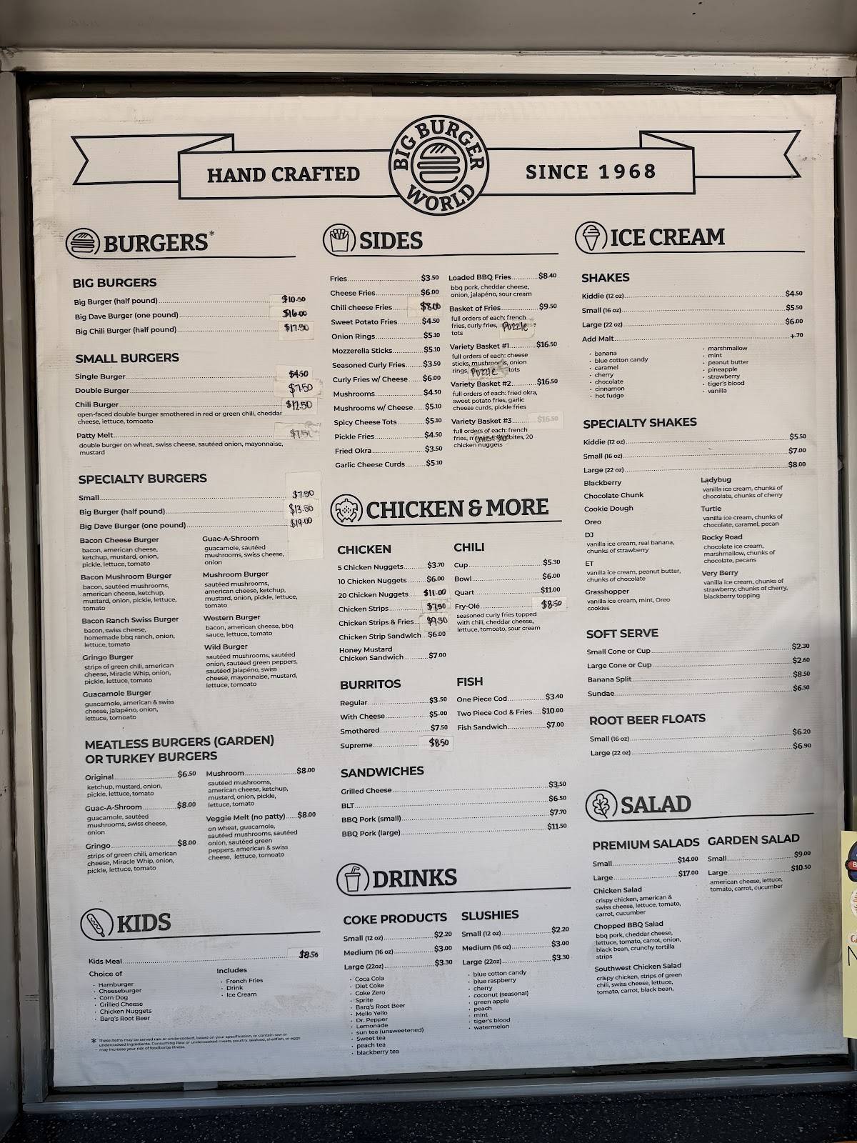 Menu at Big Burger World restaurant, Cañon City