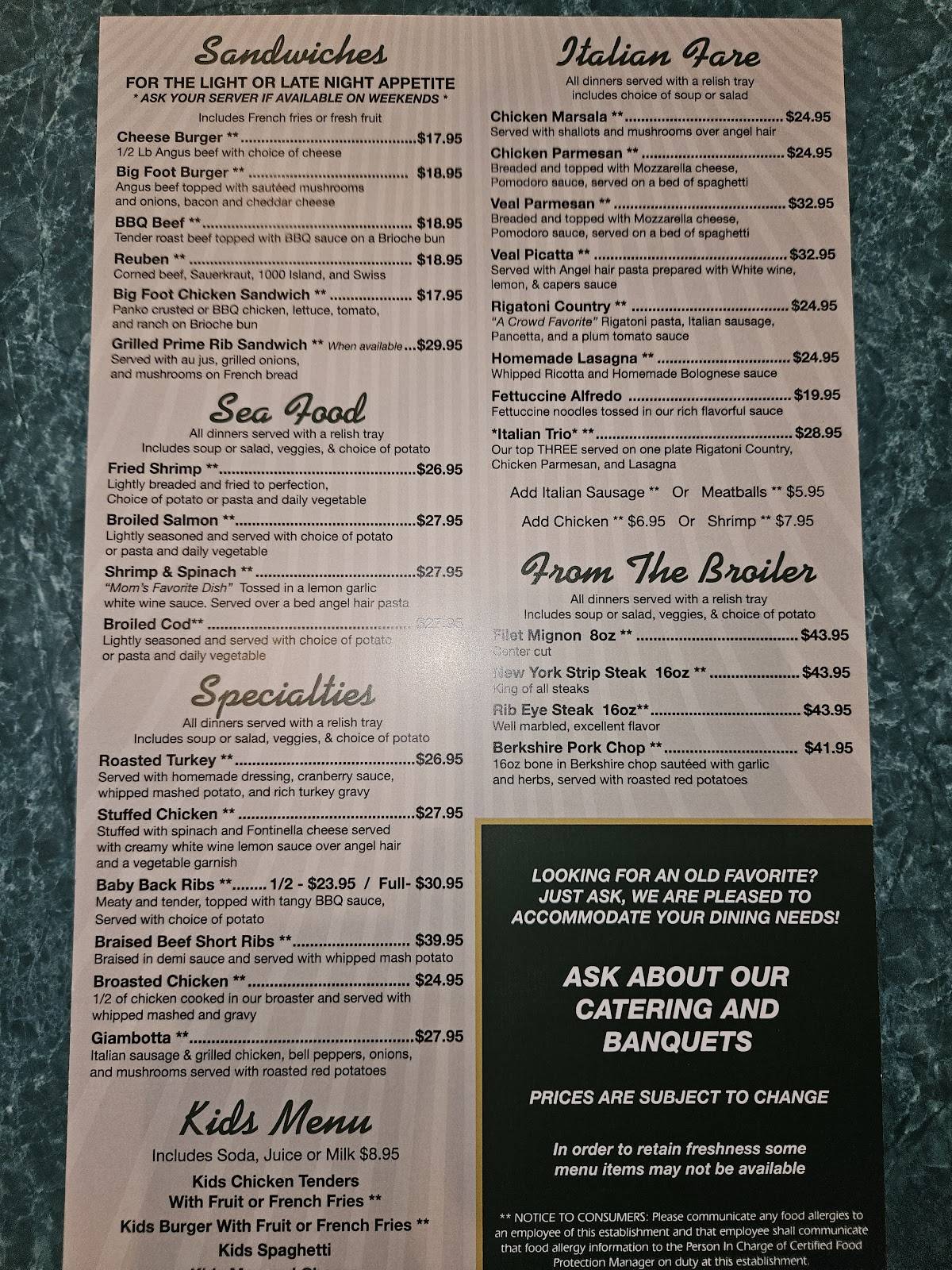 Menu at Big Foot Inn Restaurant, Harvard