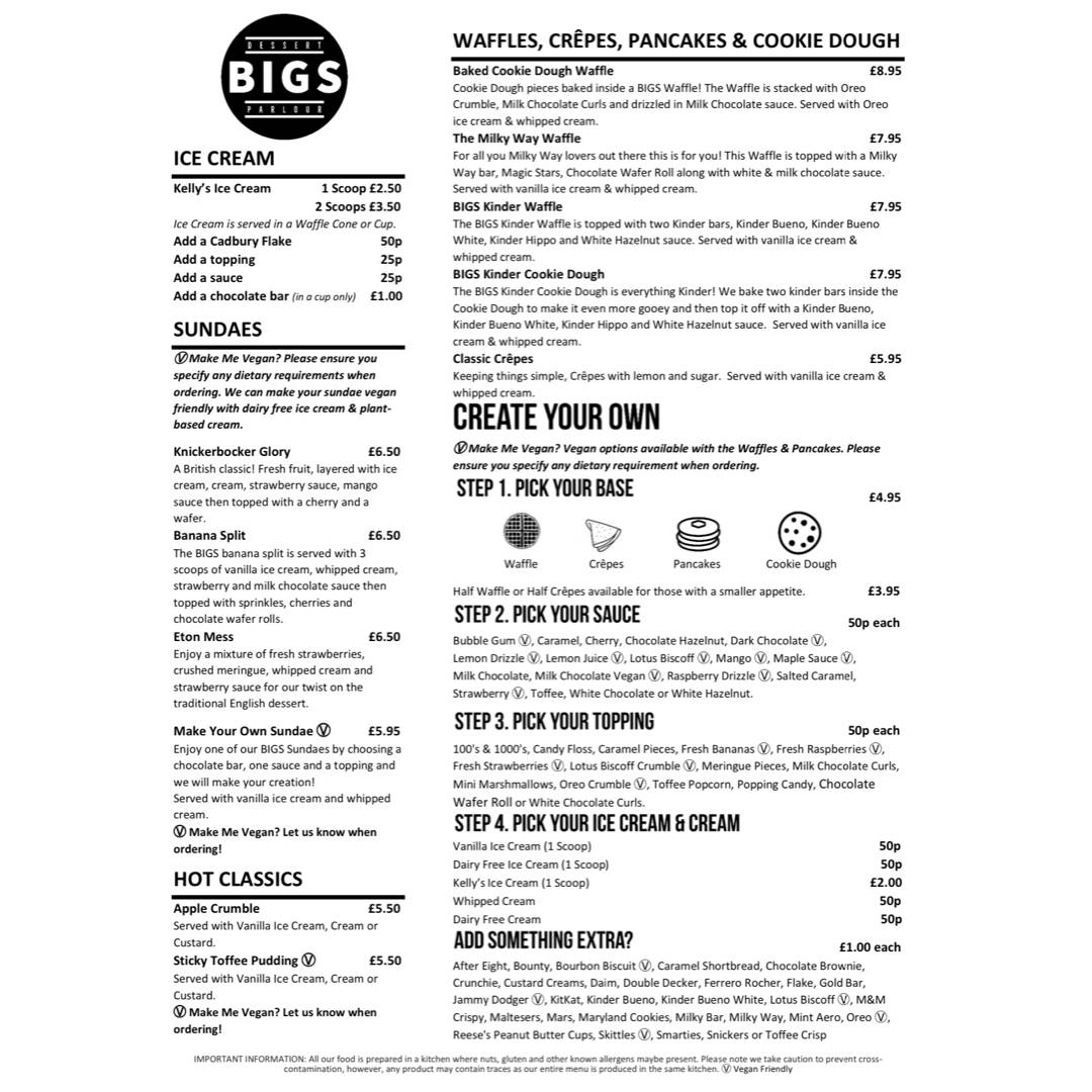 Menu at Bigs Dessert Parlour restaurant, Sevenoaks