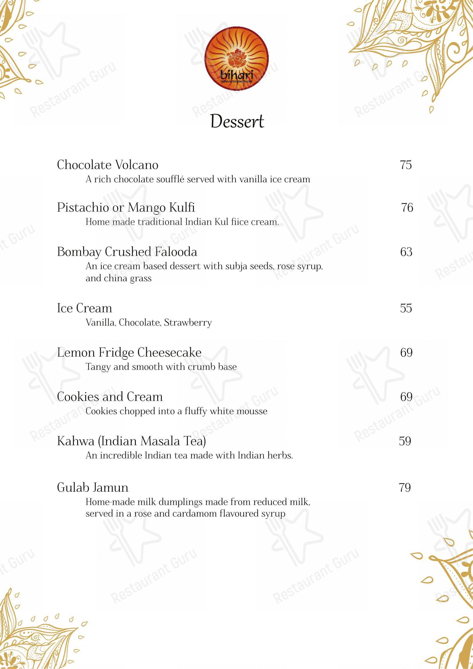 Menu at Bihari restaurant, Cape Town