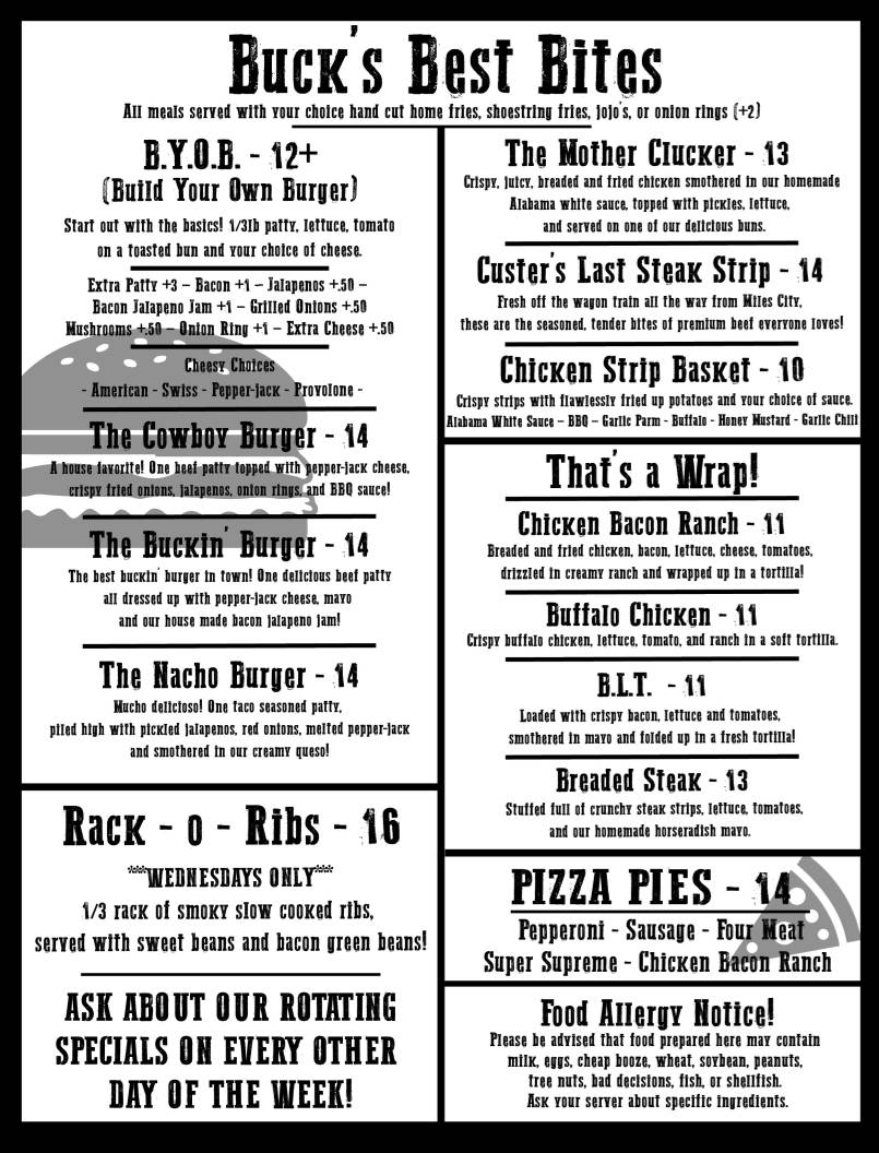 Menu at Bucks Bar, Billings