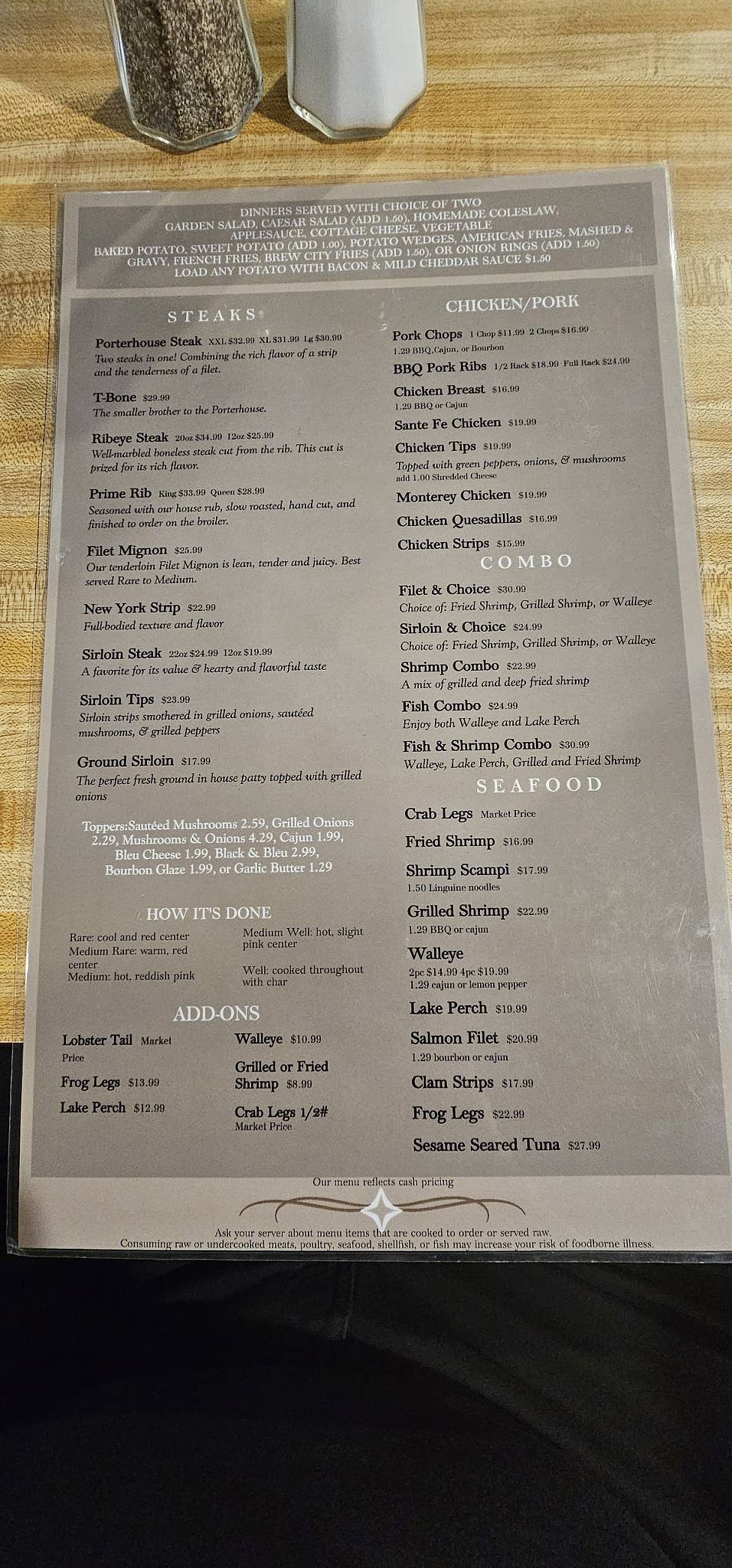 Menu at Bill's Steak House steakhouse, Bronson
