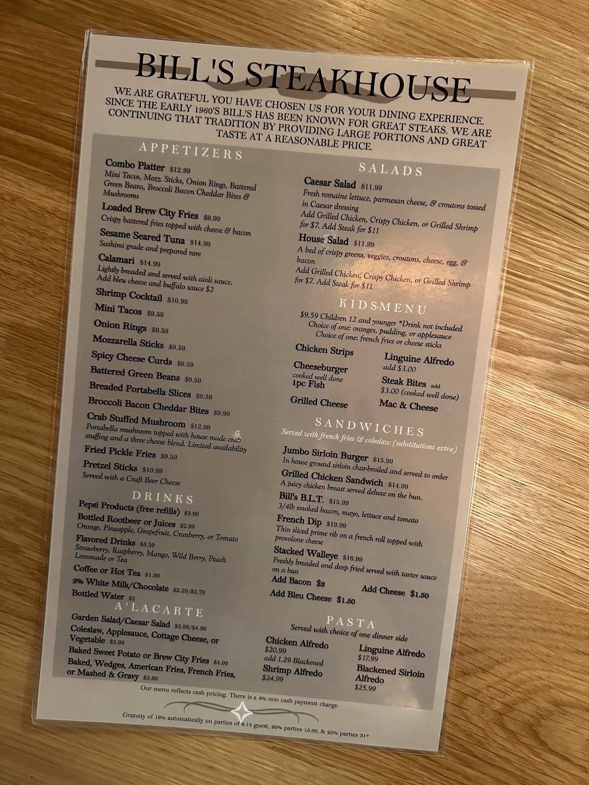 Menu at Bill's Steak House steakhouse, Bronson