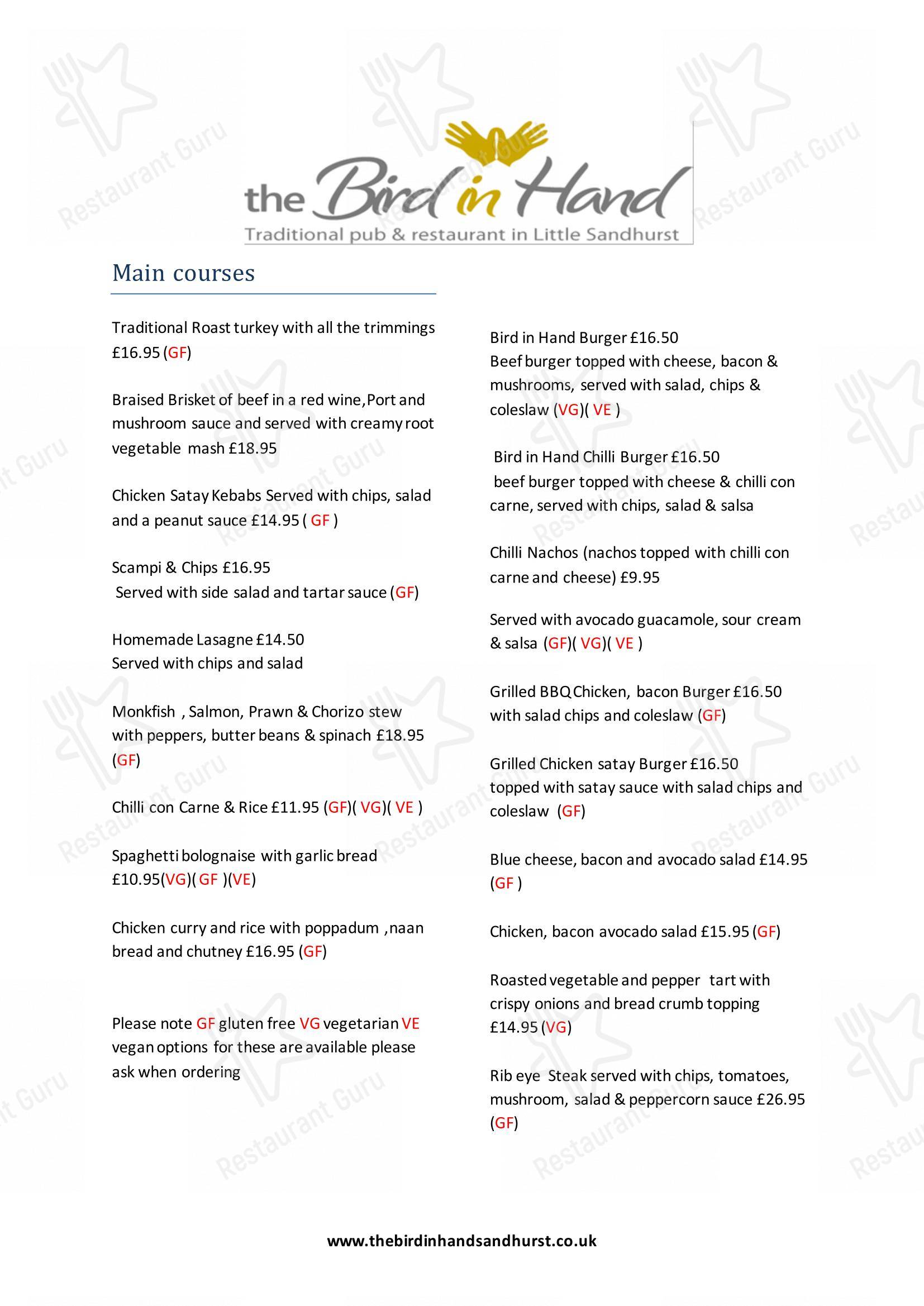 Menu at Bird In Hand pub & bar, Sandhurst