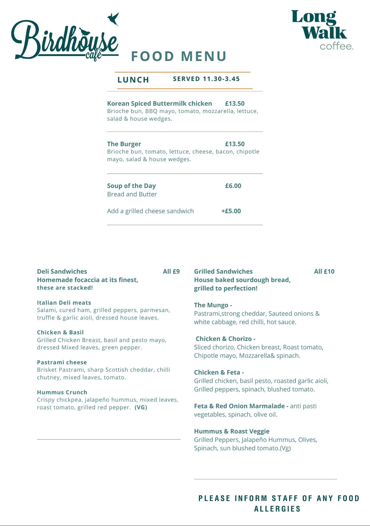 Menu at Birdhouse Cafe, Banchory