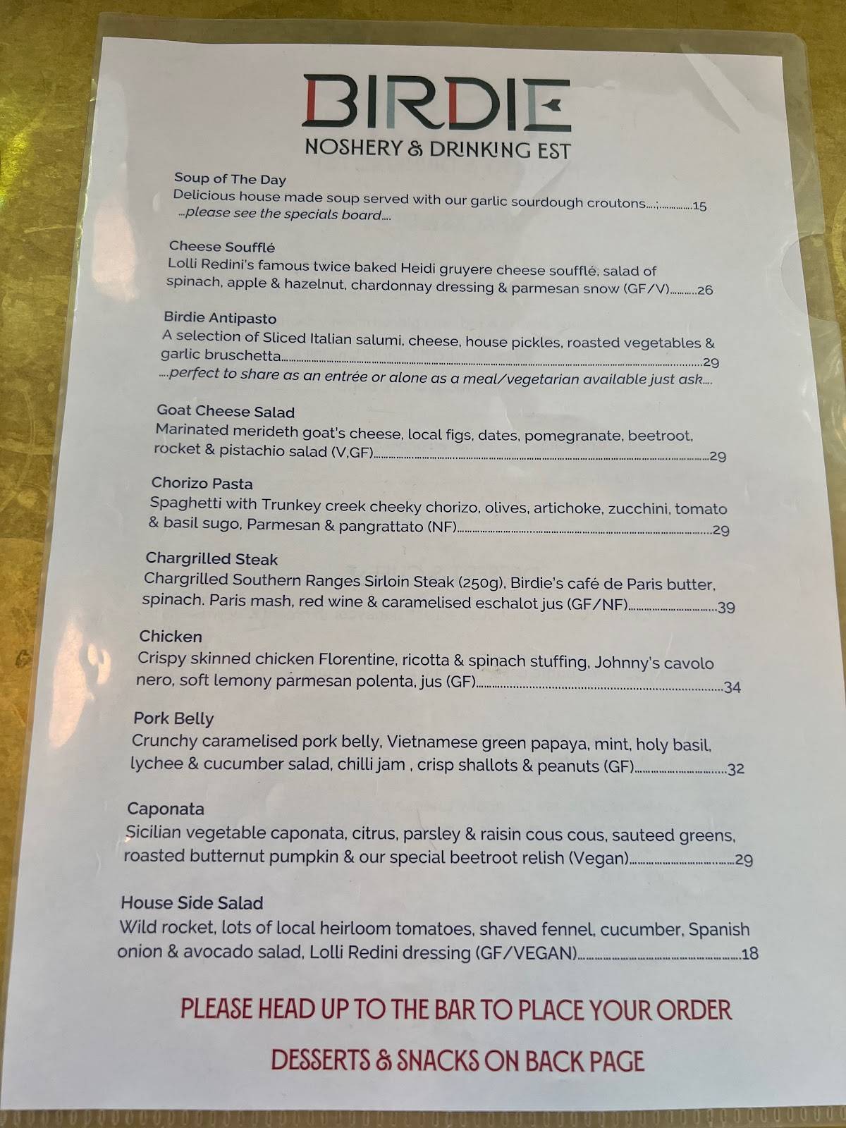 Menu at Birdie Noshery & Drinking est. pub & bar, Orange