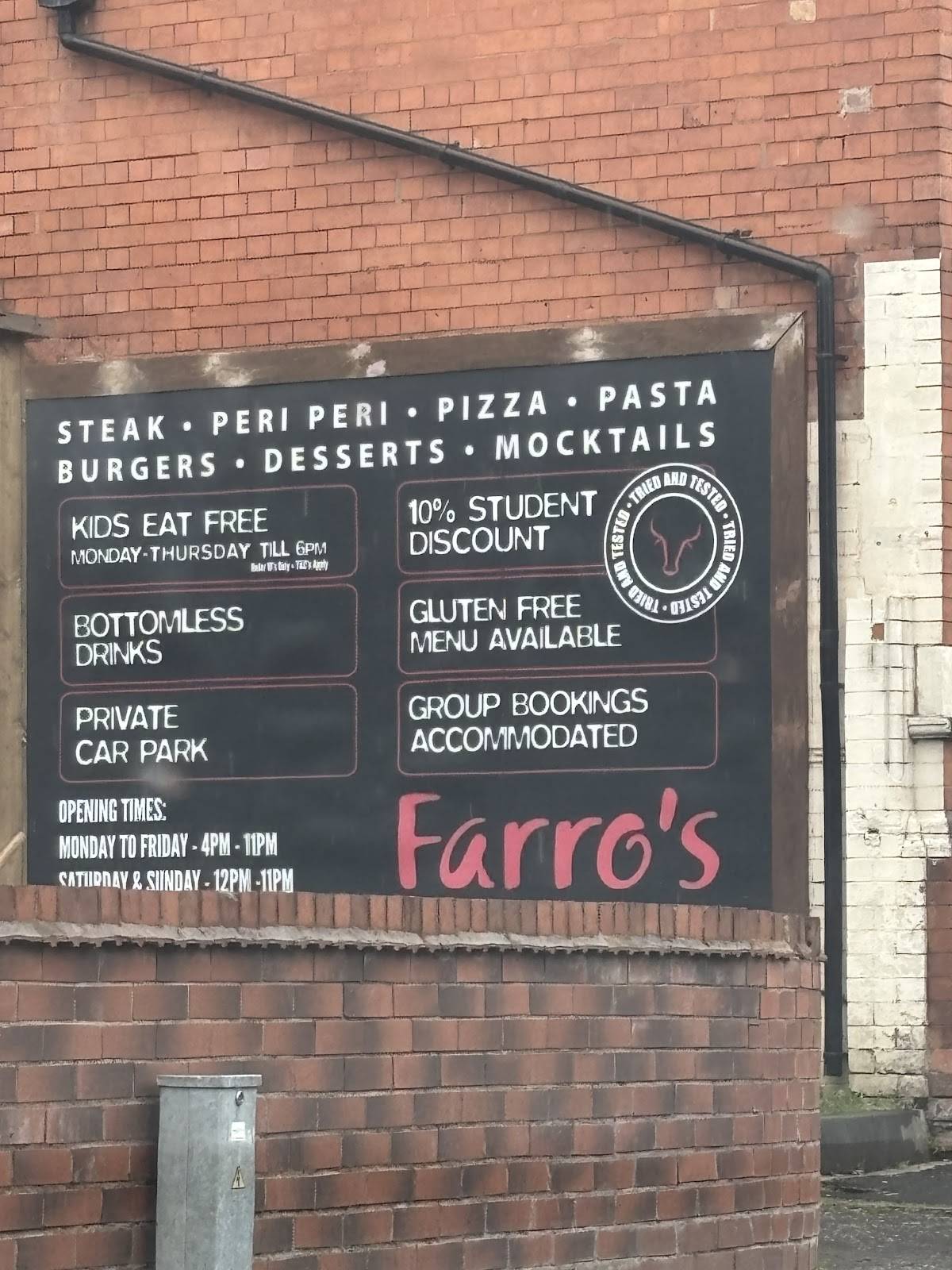 Menu at Farro's restaurant, Birmingham