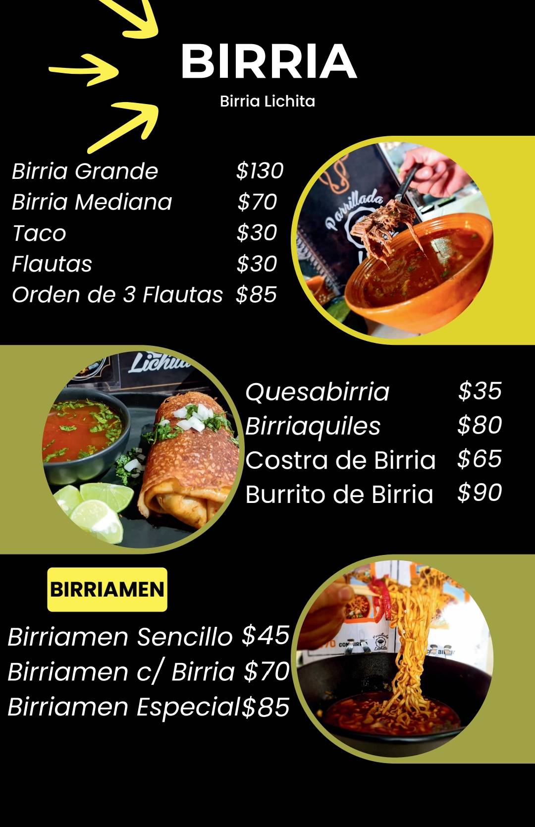 Menu at Birria Lichita restaurant, Mexico City