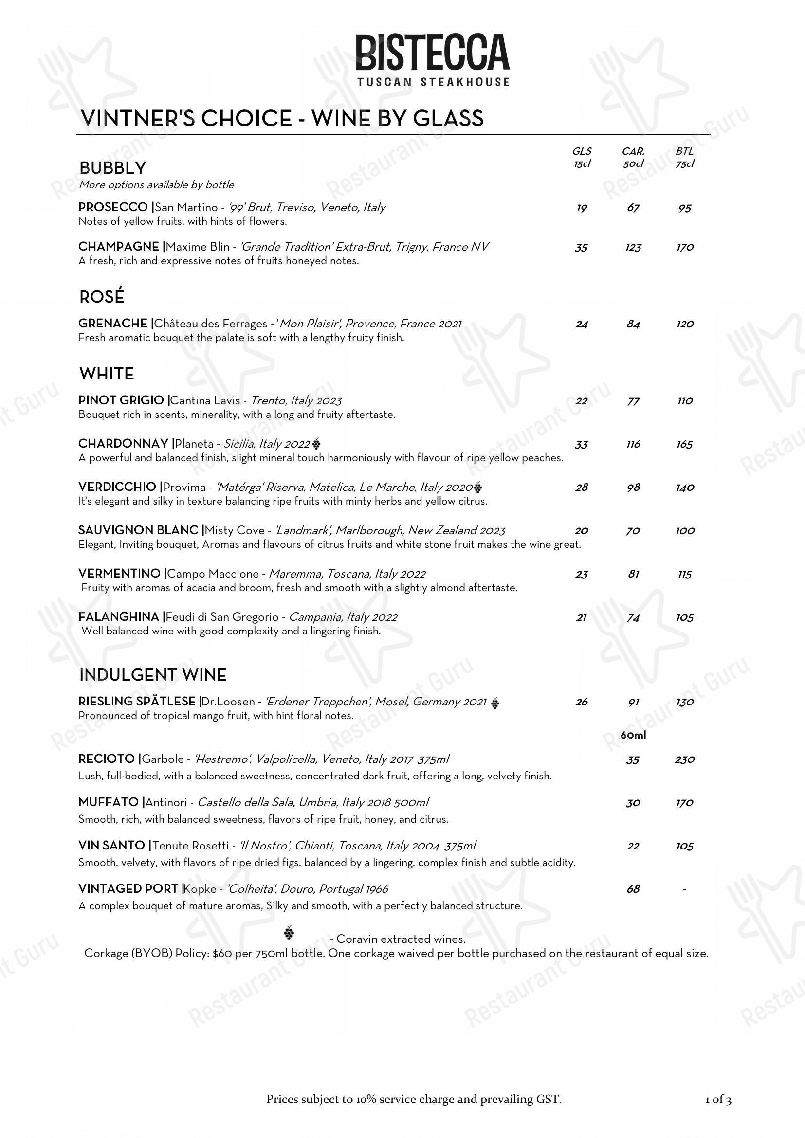 Menu at Bistecca Tuscan Steakhouse, Singapore