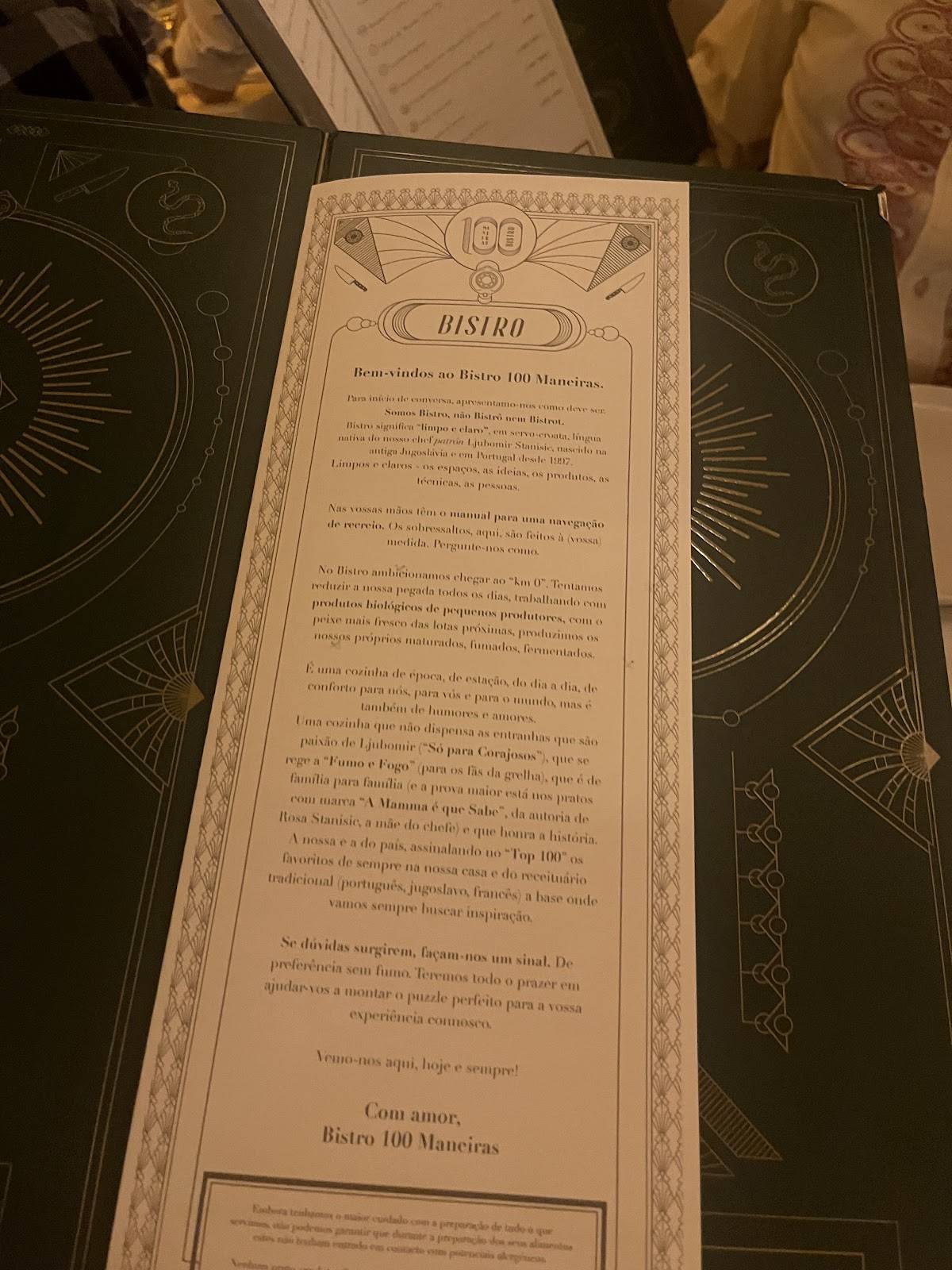 Menu at Bistro 100 Maneiras restaurant, Lisbon