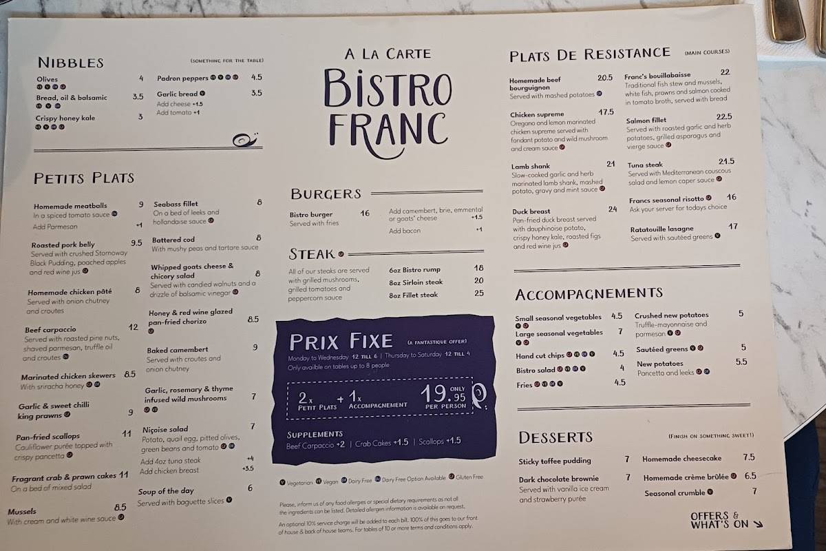 Menu at Bistro Franc restaurant, Liverpool