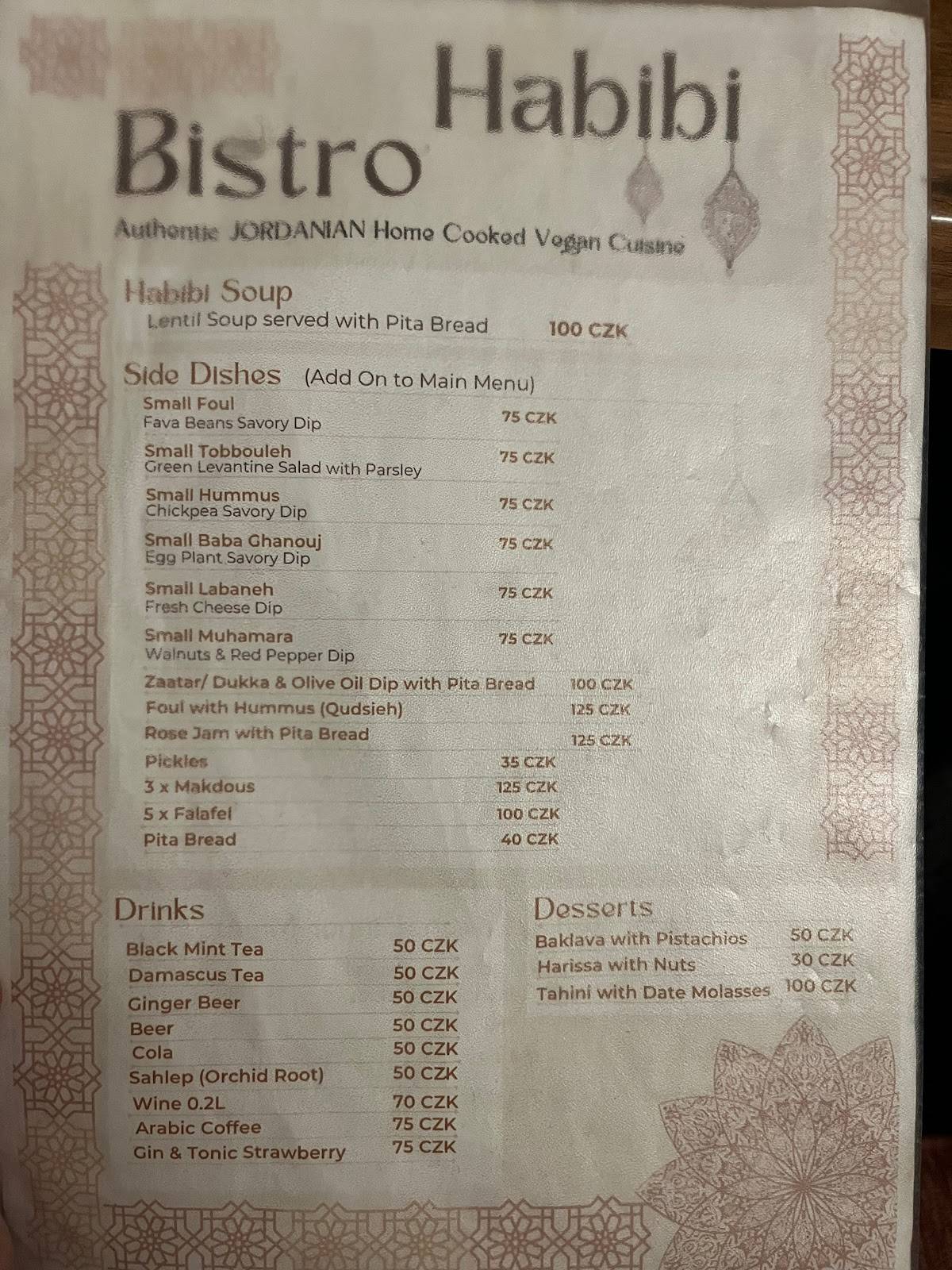 Menu at Bistro Habibi restaurant, Prague, Vratislavova 21/1