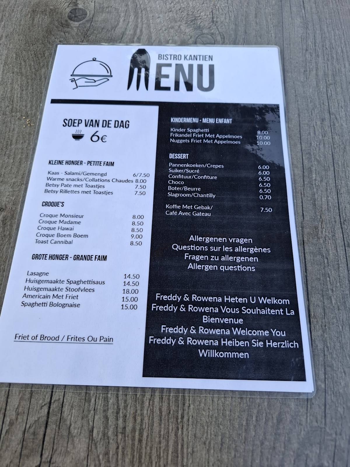 Menu at Bistro Kantien, Bredene