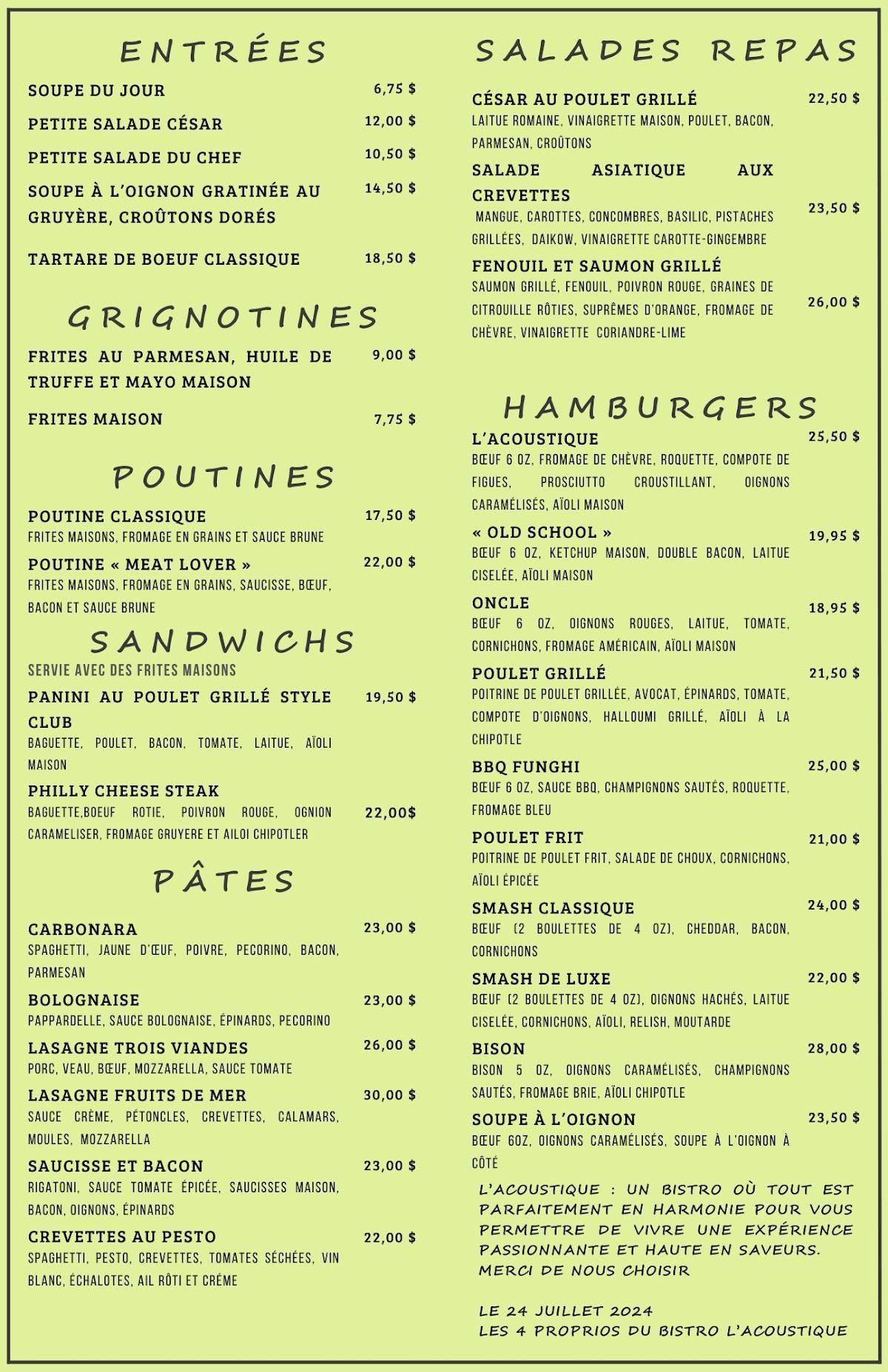 Menu au Bistro L'Acoustique restaurant, Gatineau