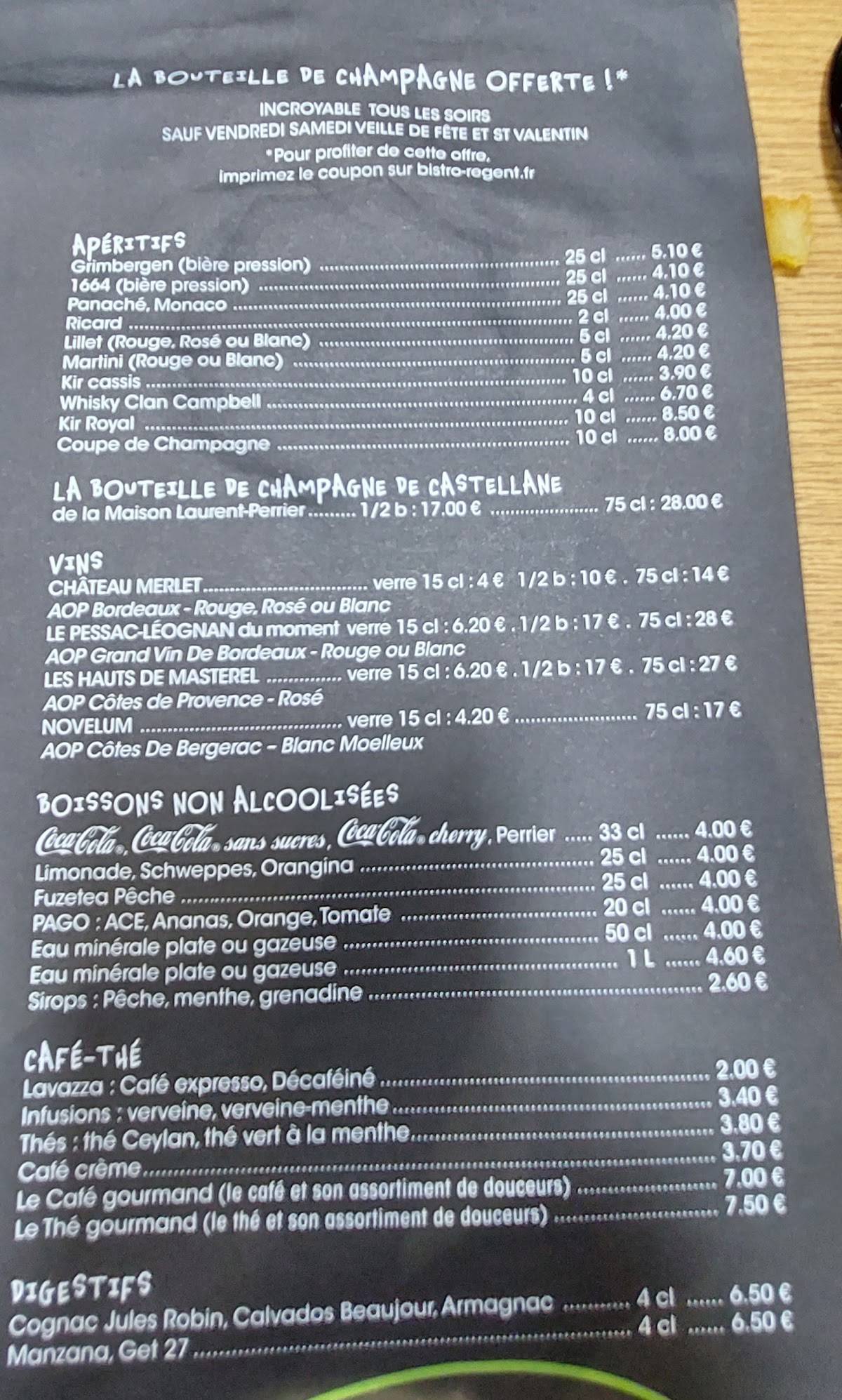 Carta del restaurante Bistro Régent CREON, Créon