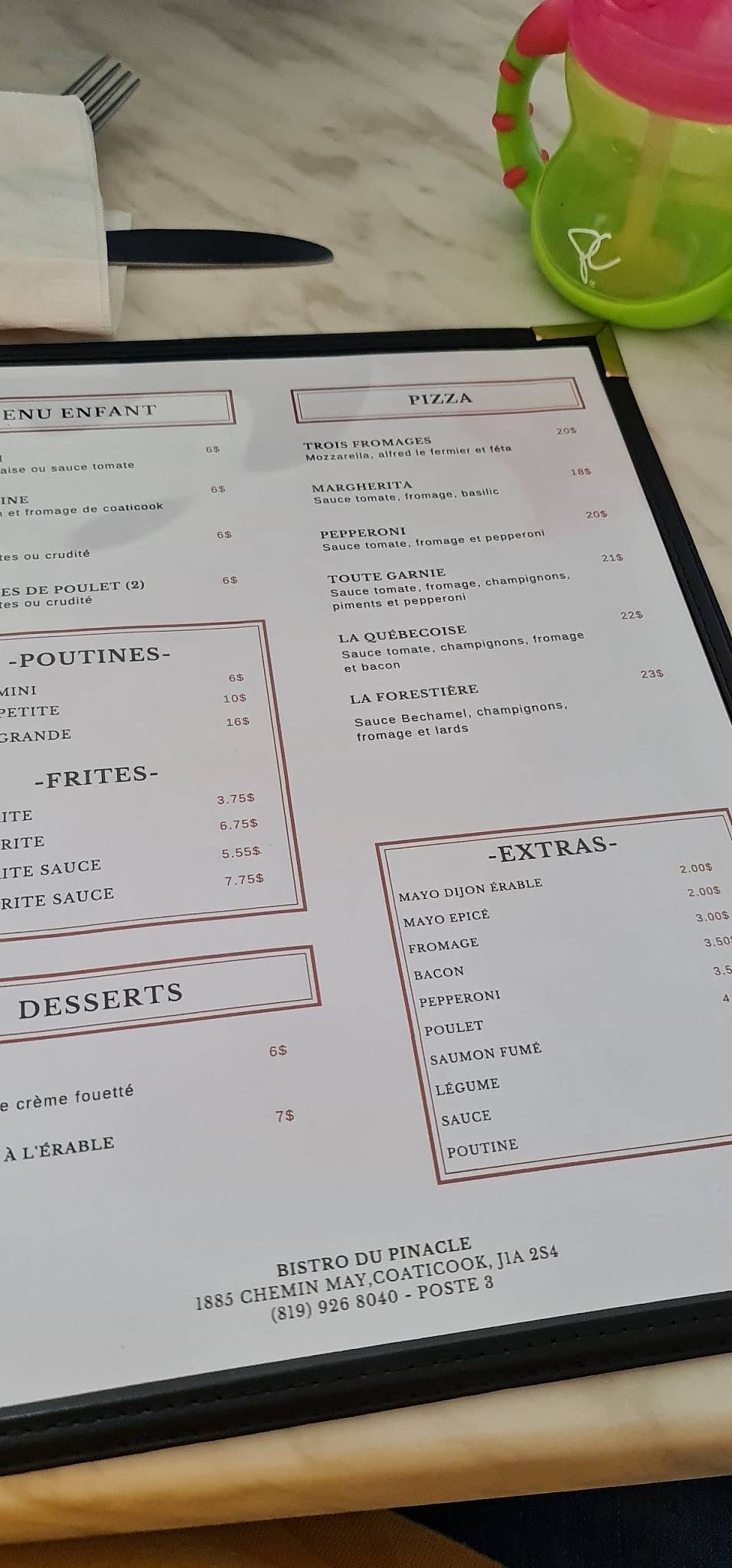 Carta del pub y bar Bistro du Pinacle, Coaticook