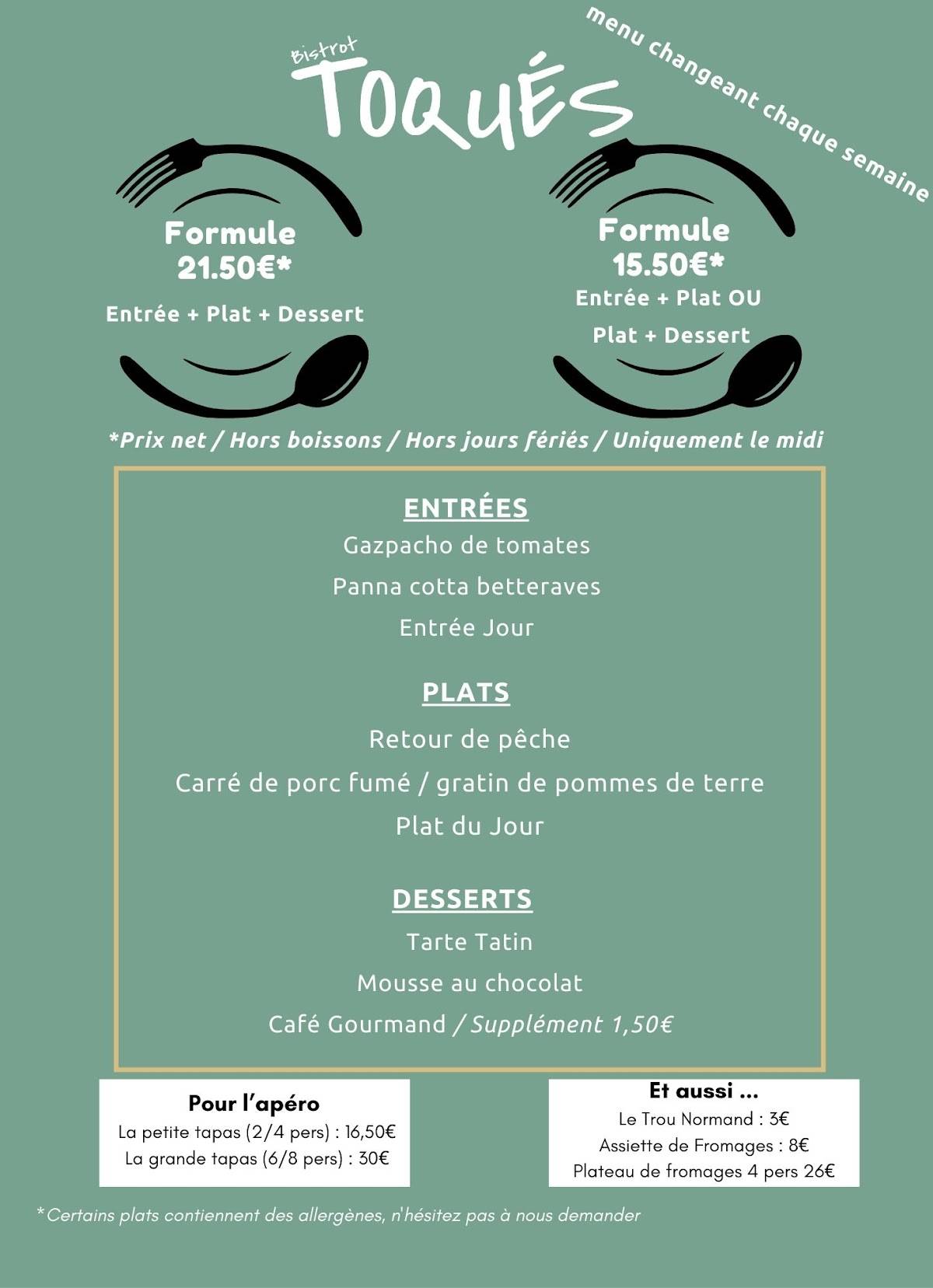 Menu au la toque aux vins restaurant, Avranches