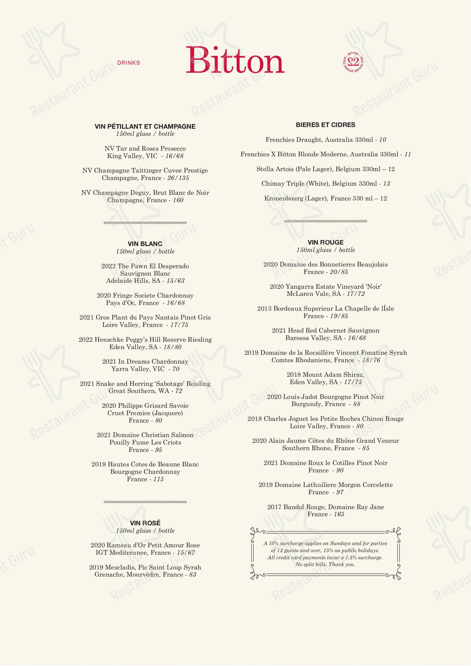 Carta del restaurante Bitton Rose Bay, Rose Bay