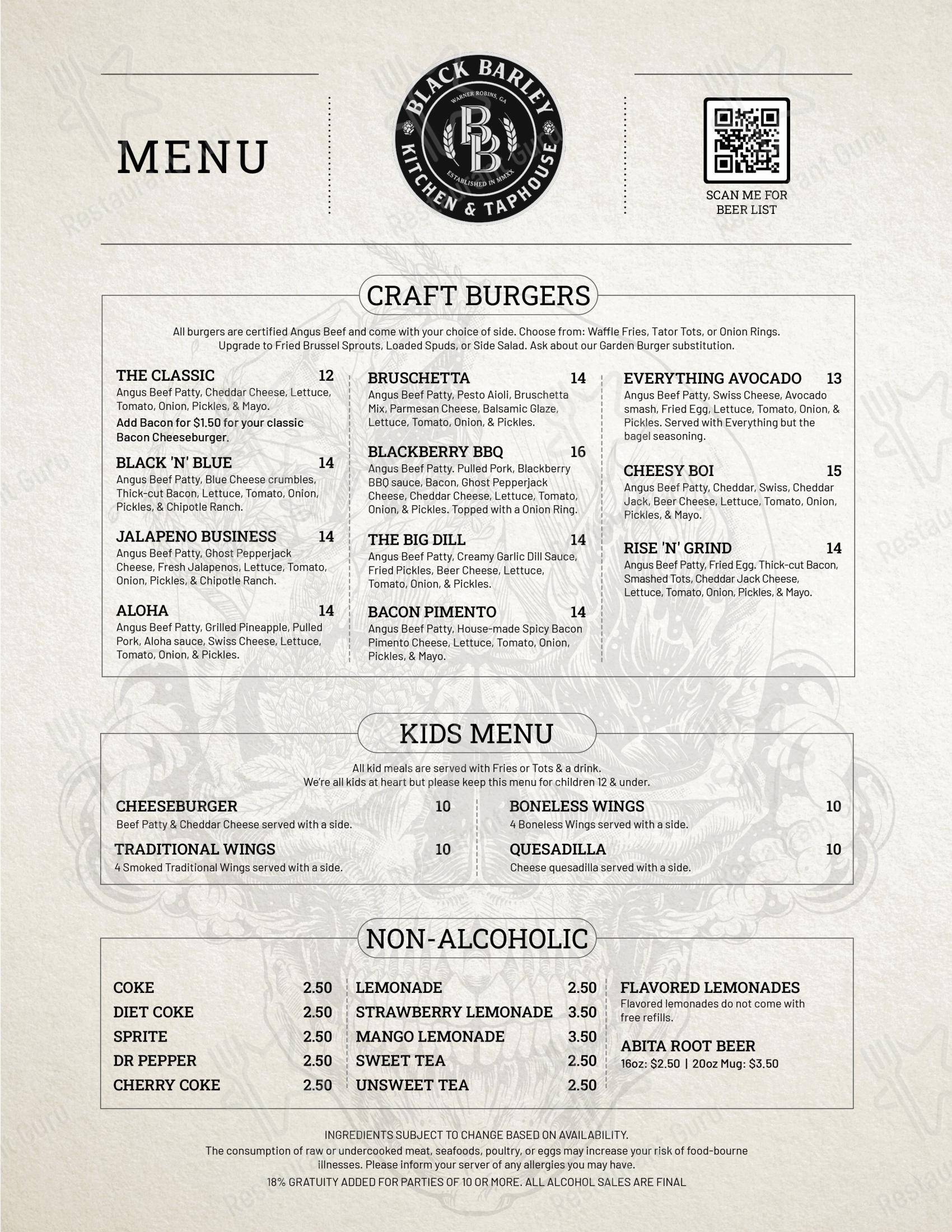 Menu at Black Barley Kitchen & Taphouse, Warner Robins