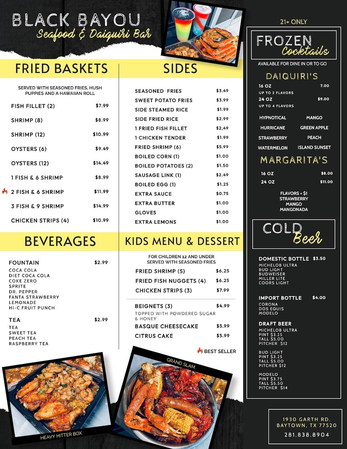 Menu at Black Bayou restaurant, Baytown