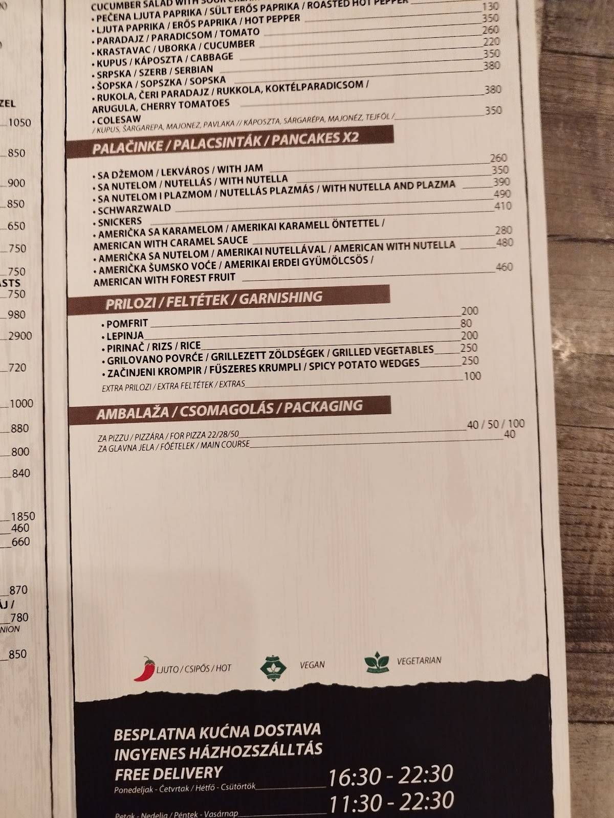 Menu at Black Bull restaurant, Senta