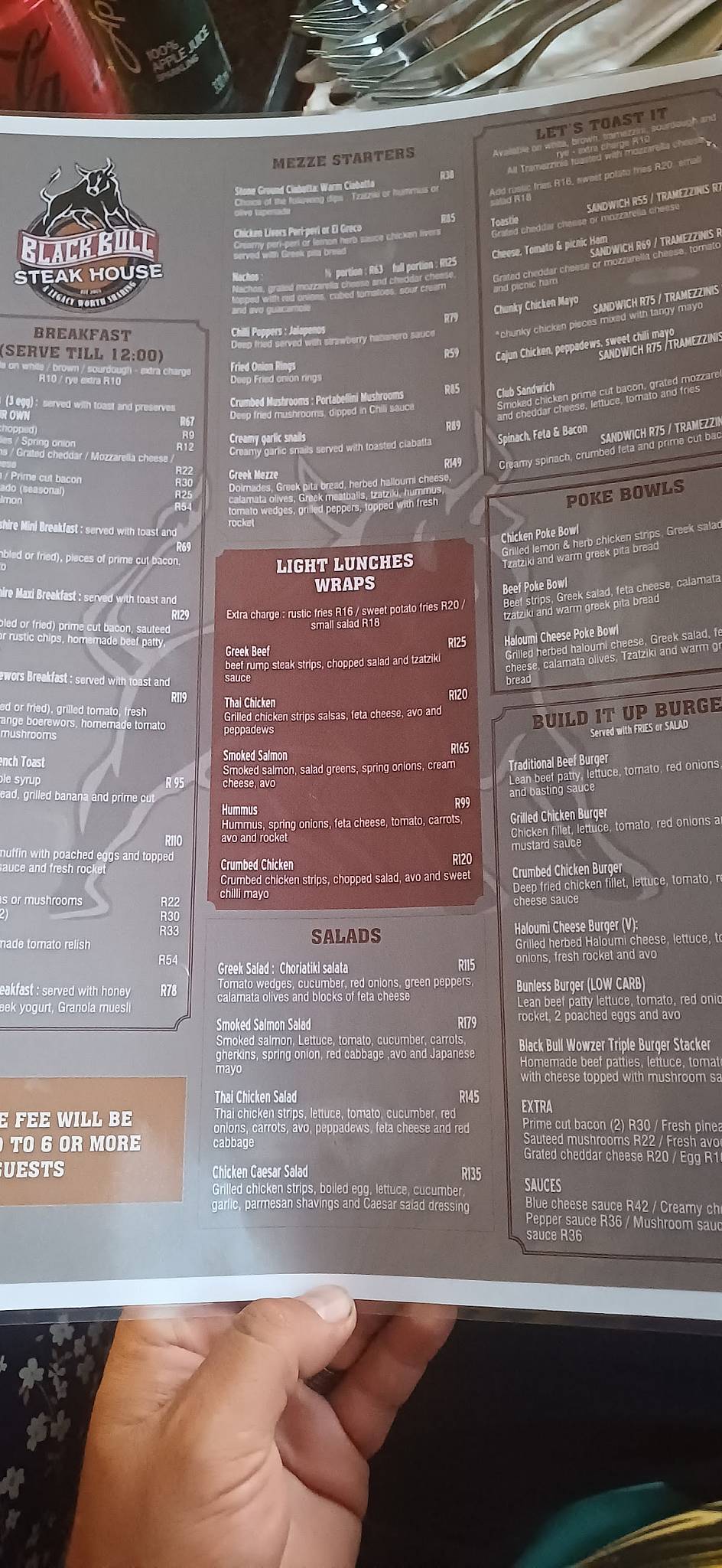 Menu at Black Bull Steakhouse, Cape Town