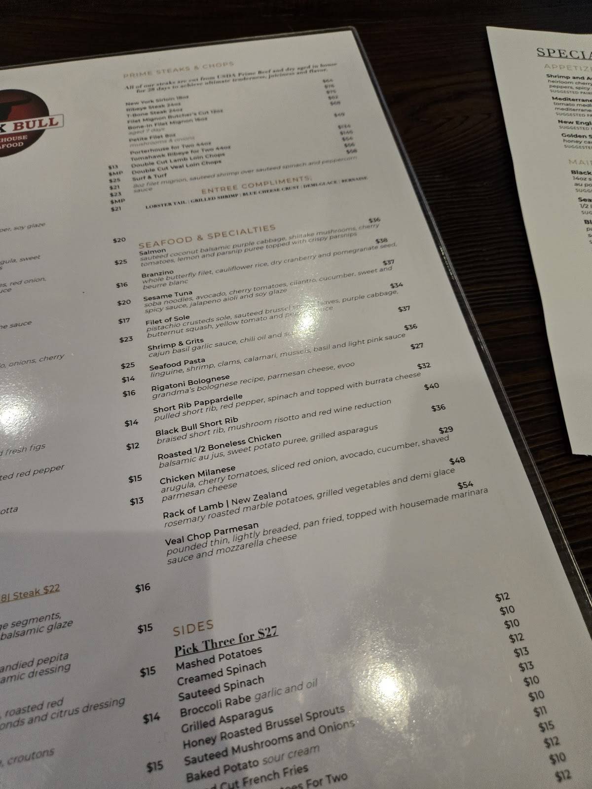 Menu at Black Bull Steakhouse and Seafood, Gillette