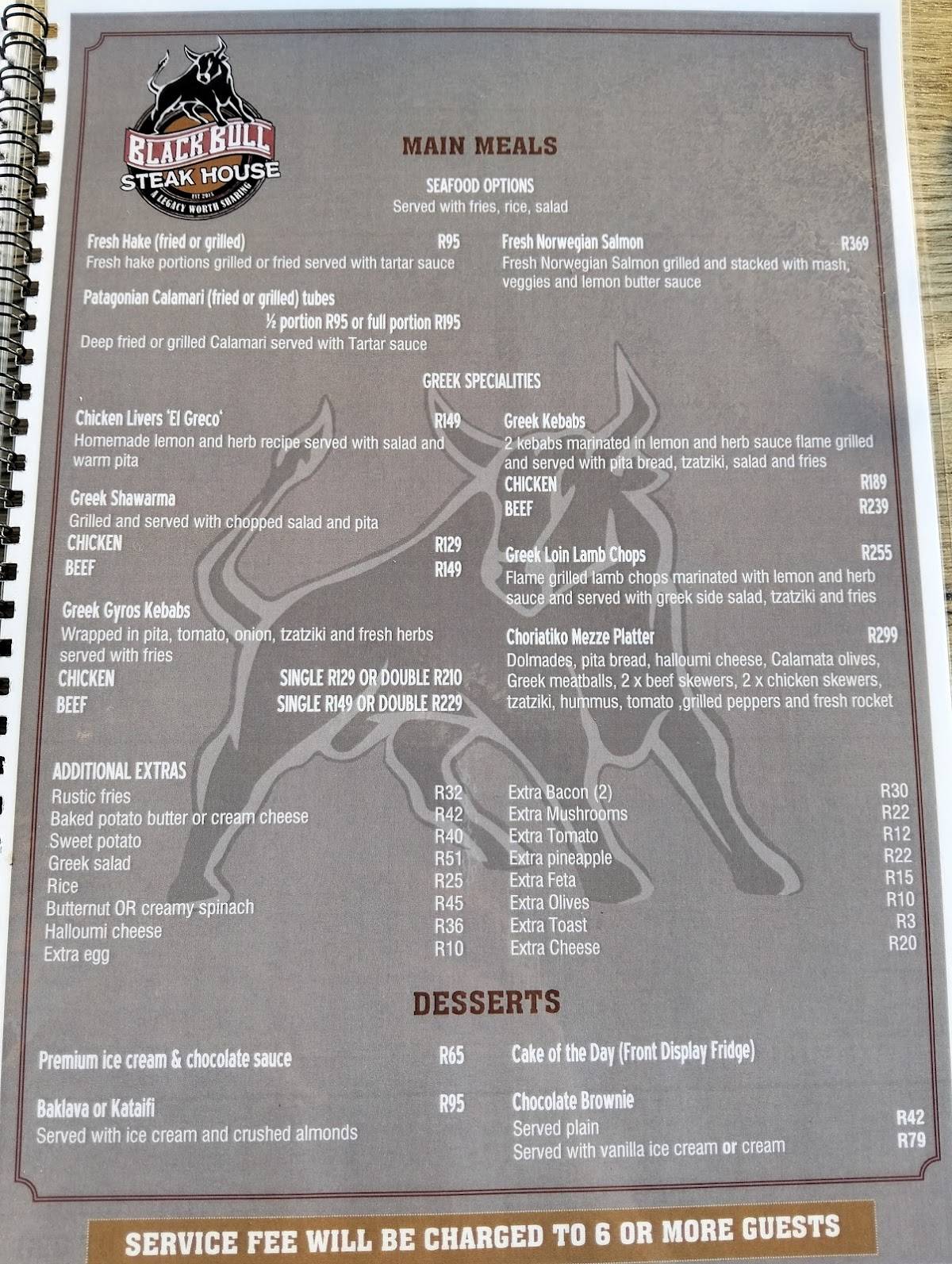 Menu at Black Bull Steakhouse, Cape Town
