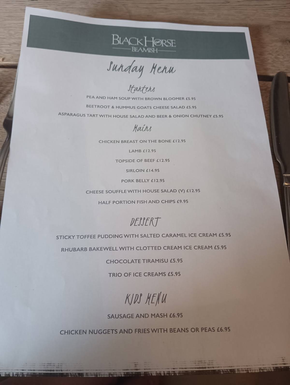 Menu at Black Horse Beamish pub & bar, Stanley, Red Row