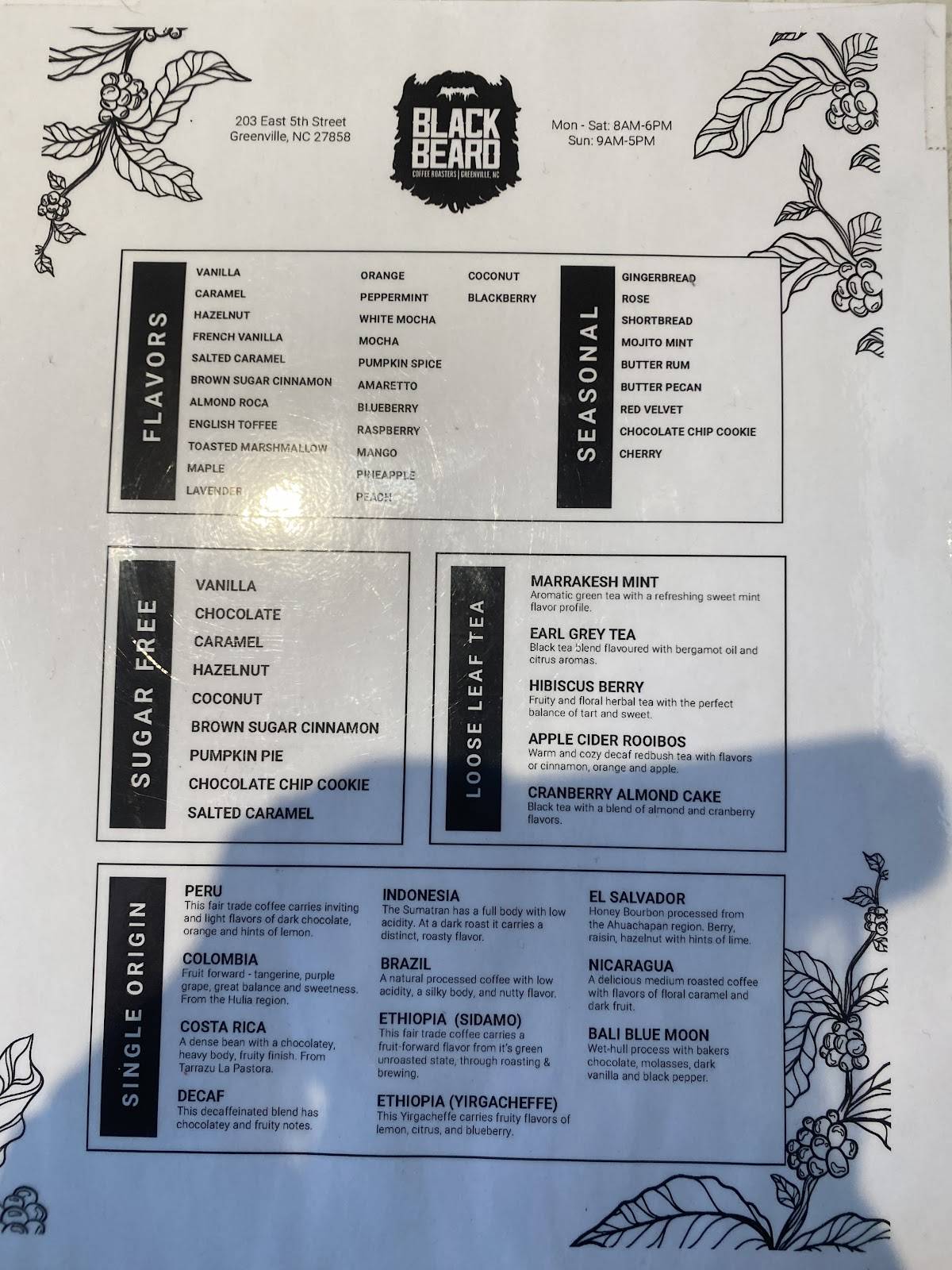 Menu at Blackbeard Coffee Roasters, Greenville