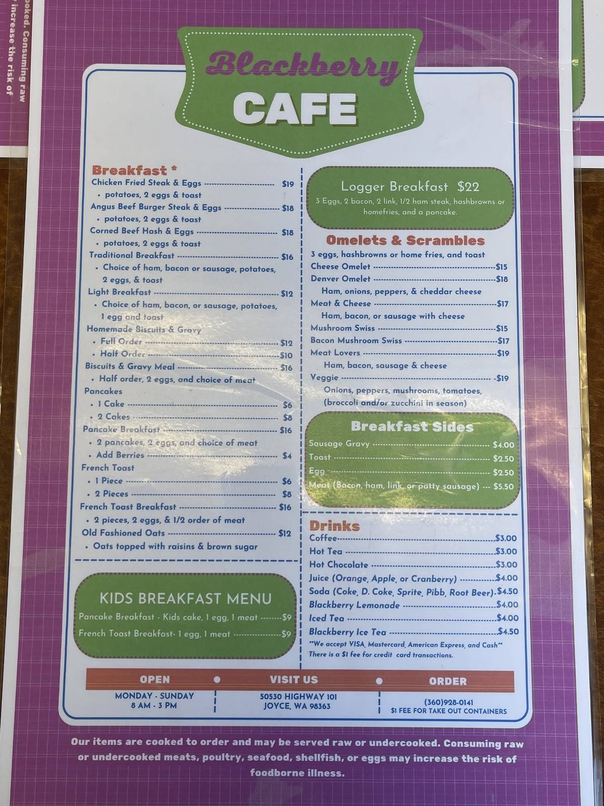 Menu at Blackberry Cafe, Joyce