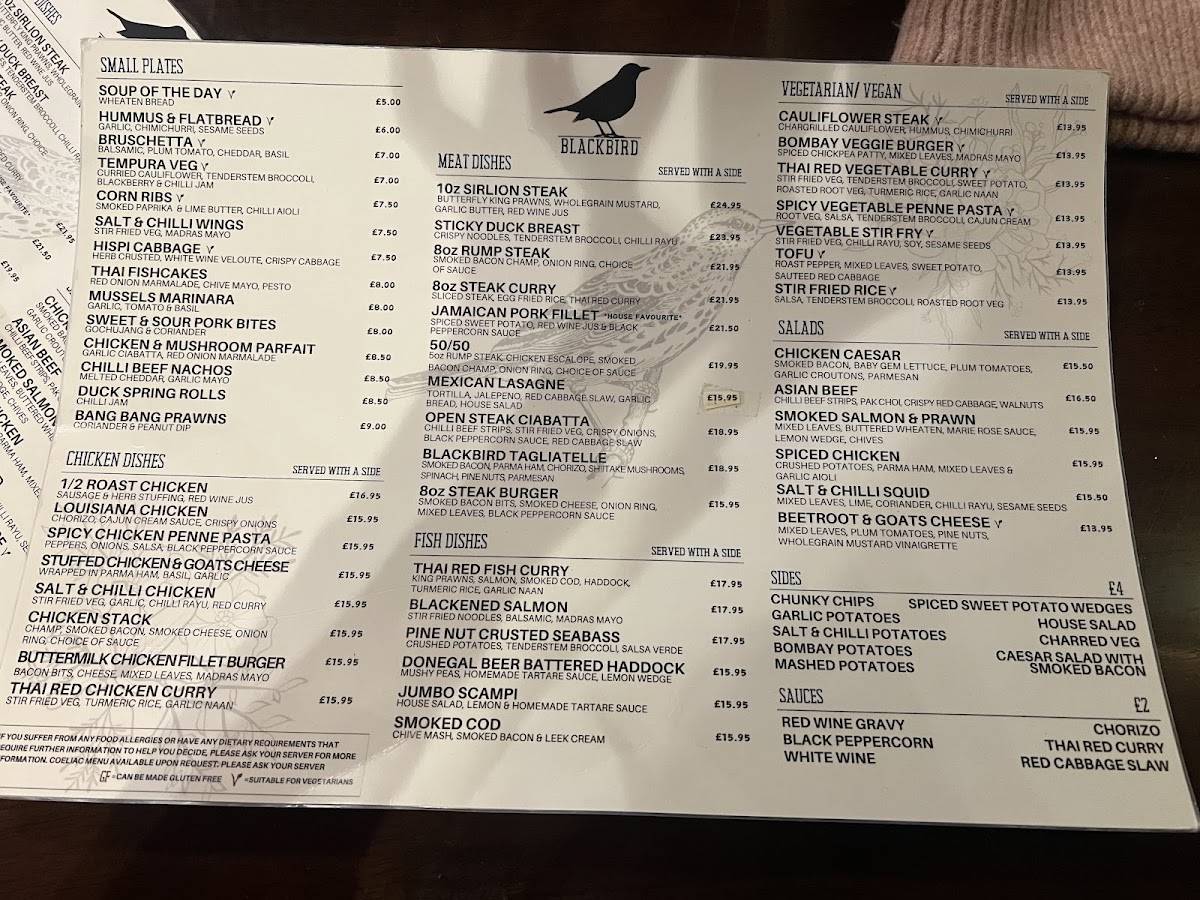 Menu at Blackbird pub & bar, Londonderry