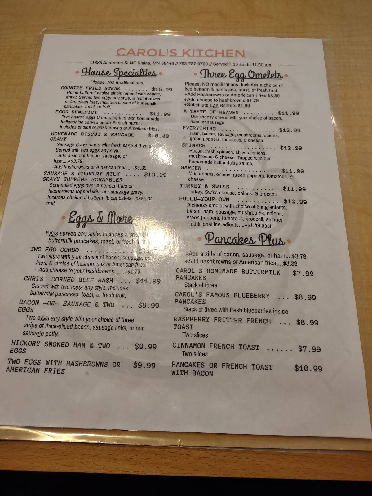Menu at Carol's restaurant, Blaine, Aberdeen St NE