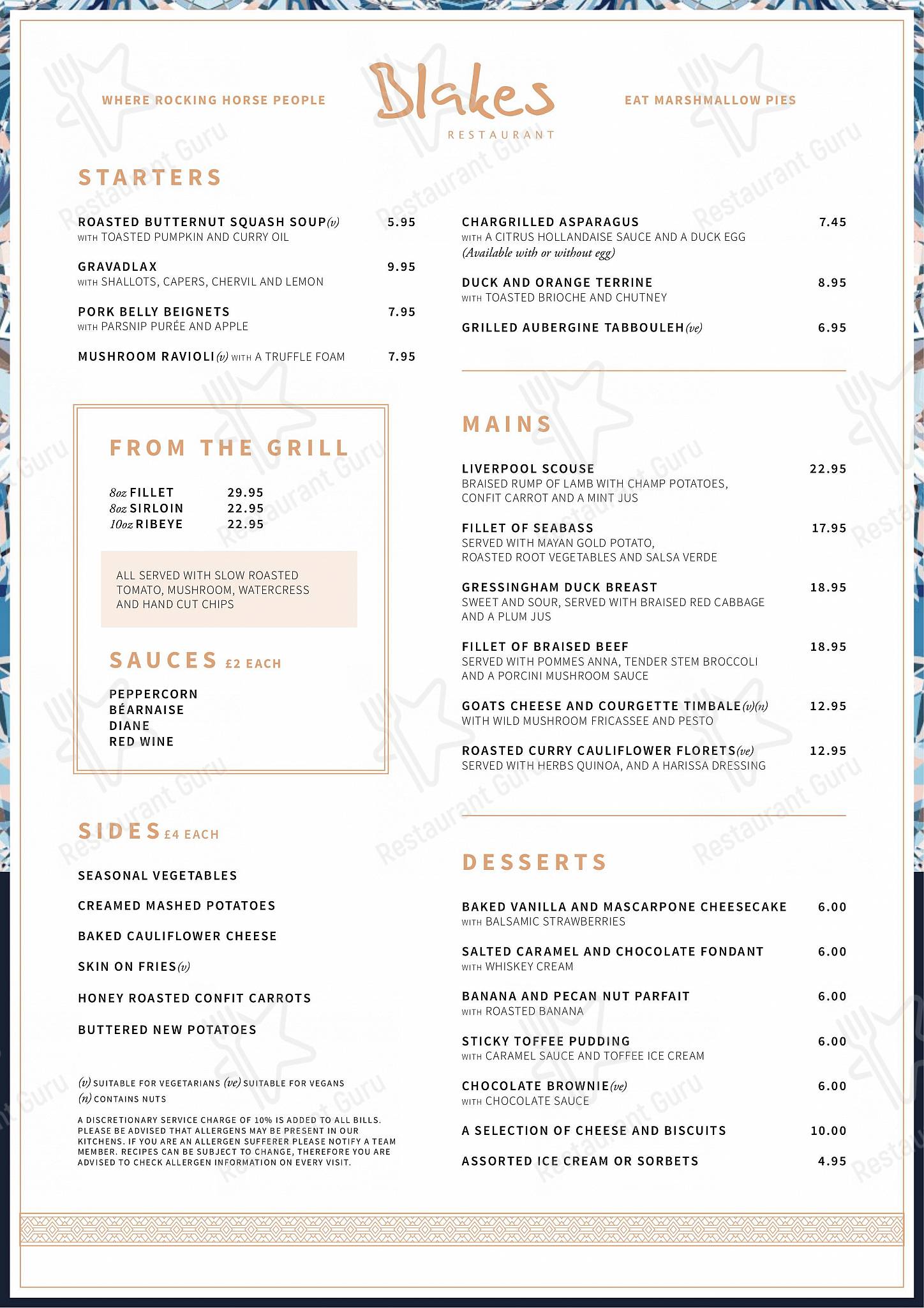 Menu at Blakes pub & bar, Liverpool