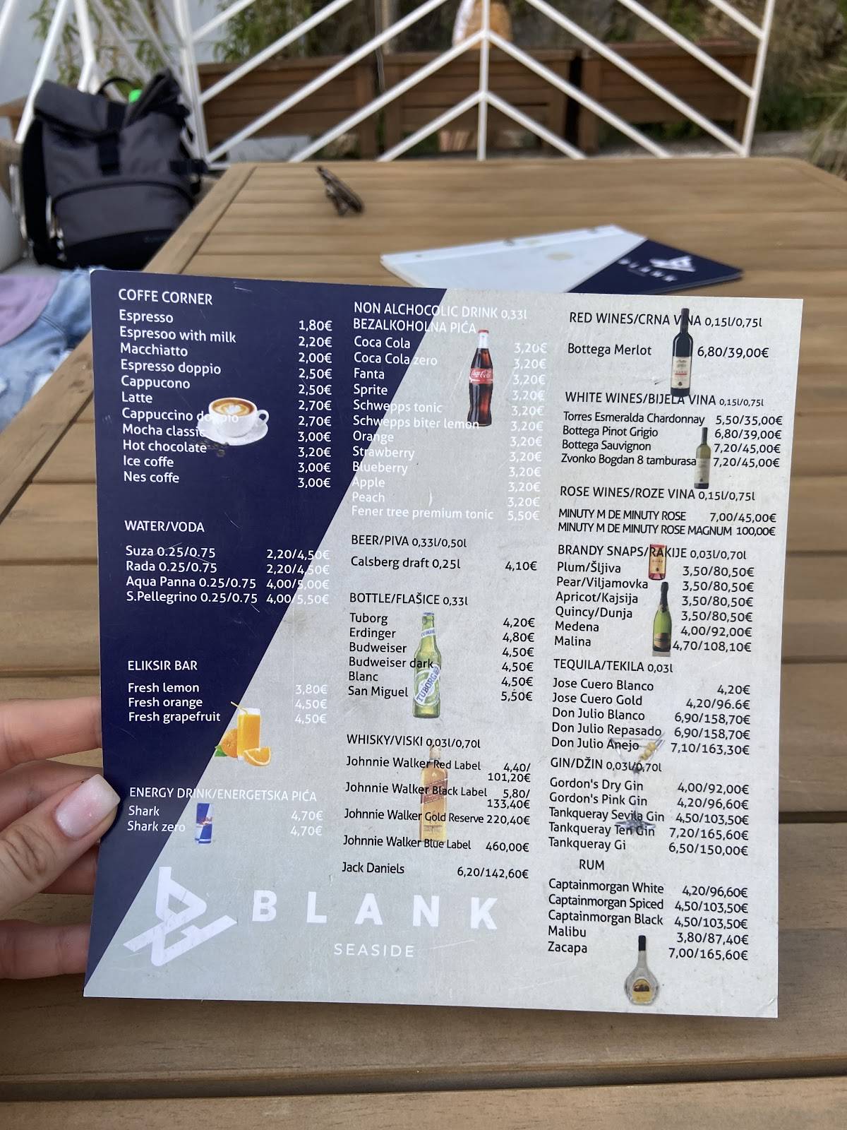 Menu at Blank Seaside pub & bar, Budva