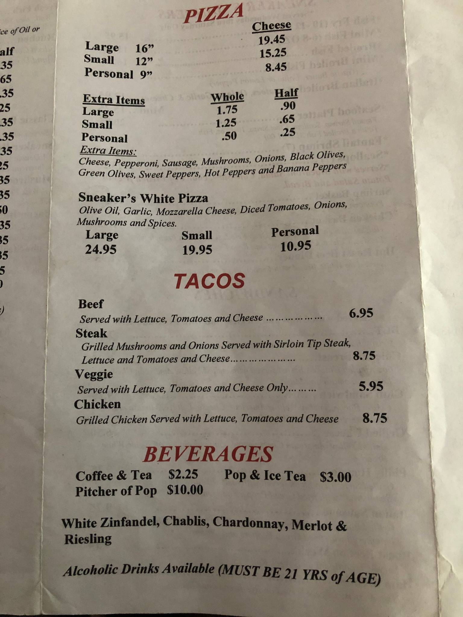 Menu at Sneakers bar, Blasdell