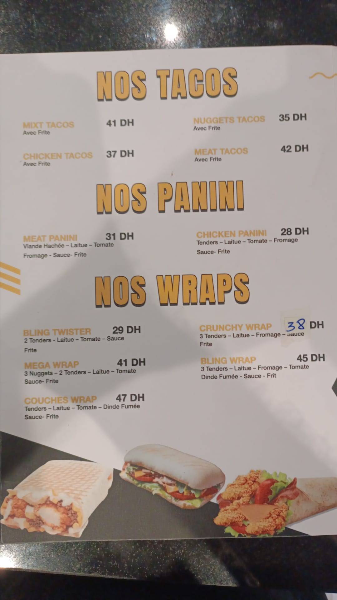 Menu at Bling bling chicken restaurant, Rabat