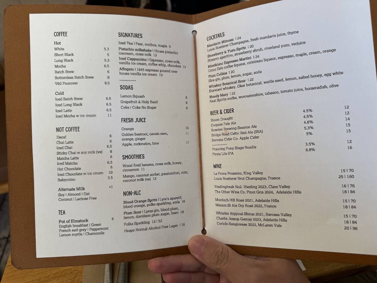 Menu at Bloom cafe, Thebarton