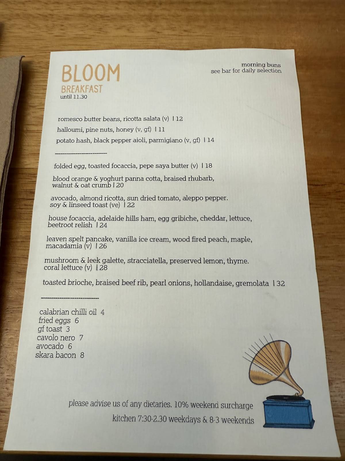 Menu at Bloom cafe, Thebarton