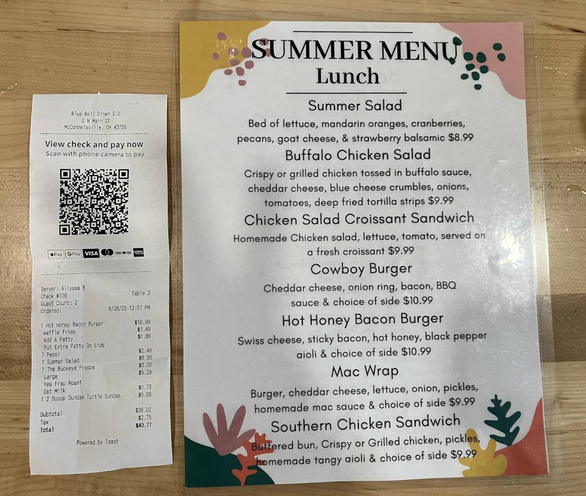 Menu at Blue Bell Diner restaurant, McConnelsville