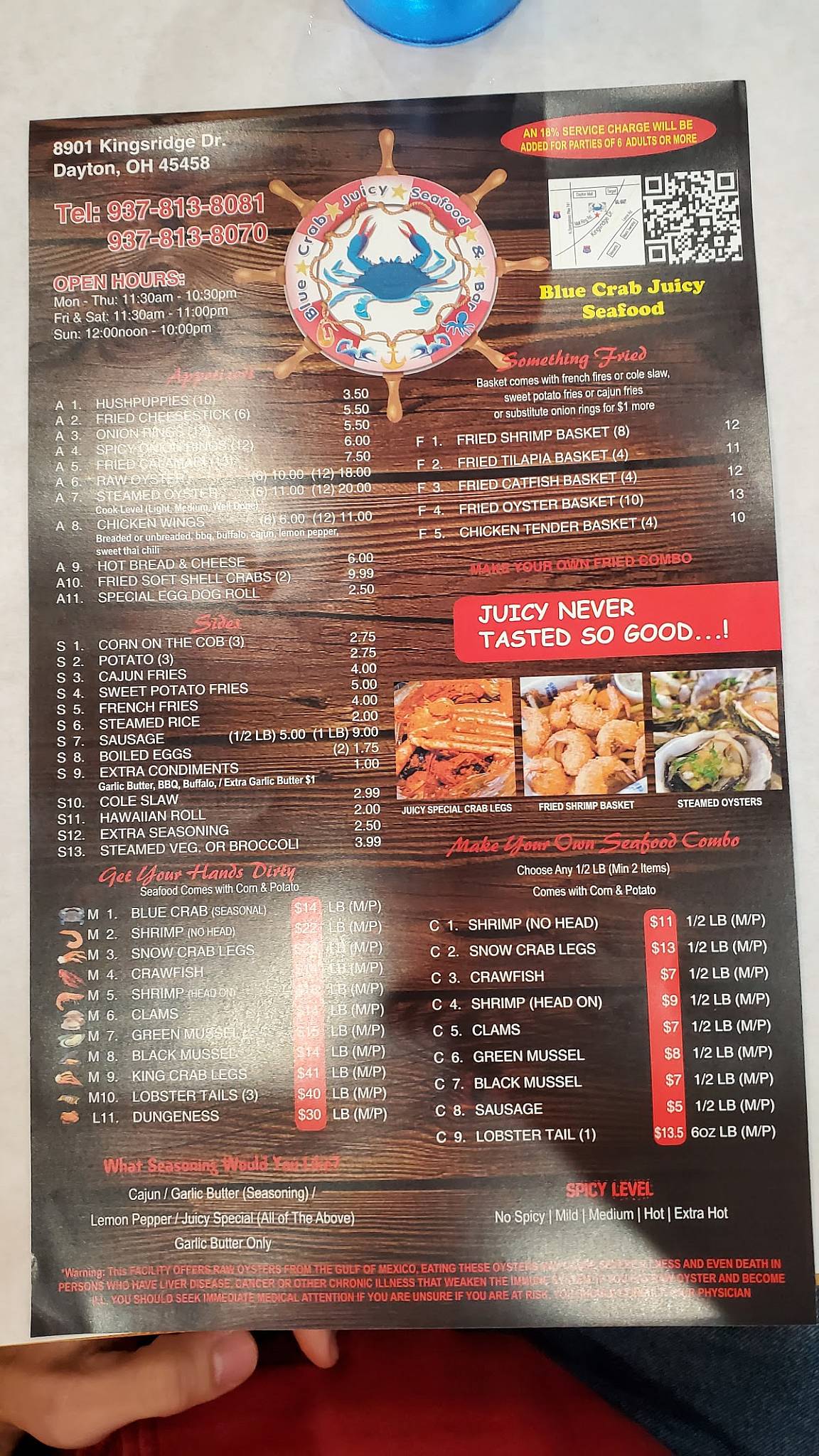 Menu at Blue Crab Juicy Seafood & Bar, Dayton