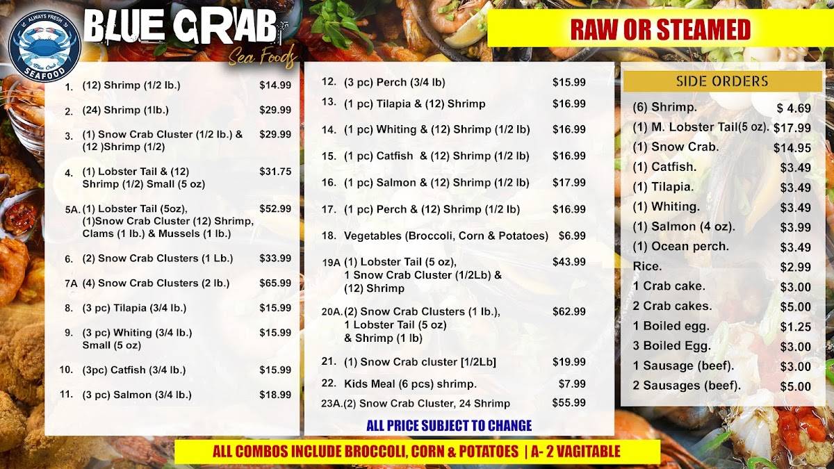 Menu at Blue Crab Seafood & Baby shark Fish & Chicken Market, Indianapolis