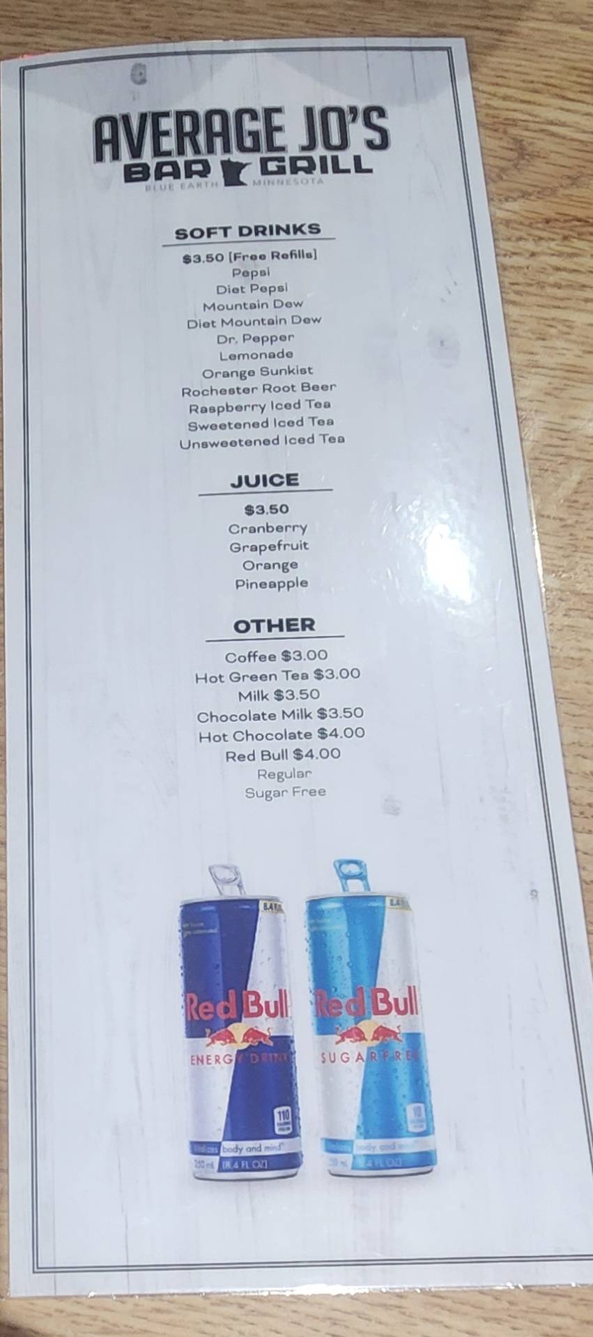 Menu at Average Jo's Bar & Grill, Blue Earth