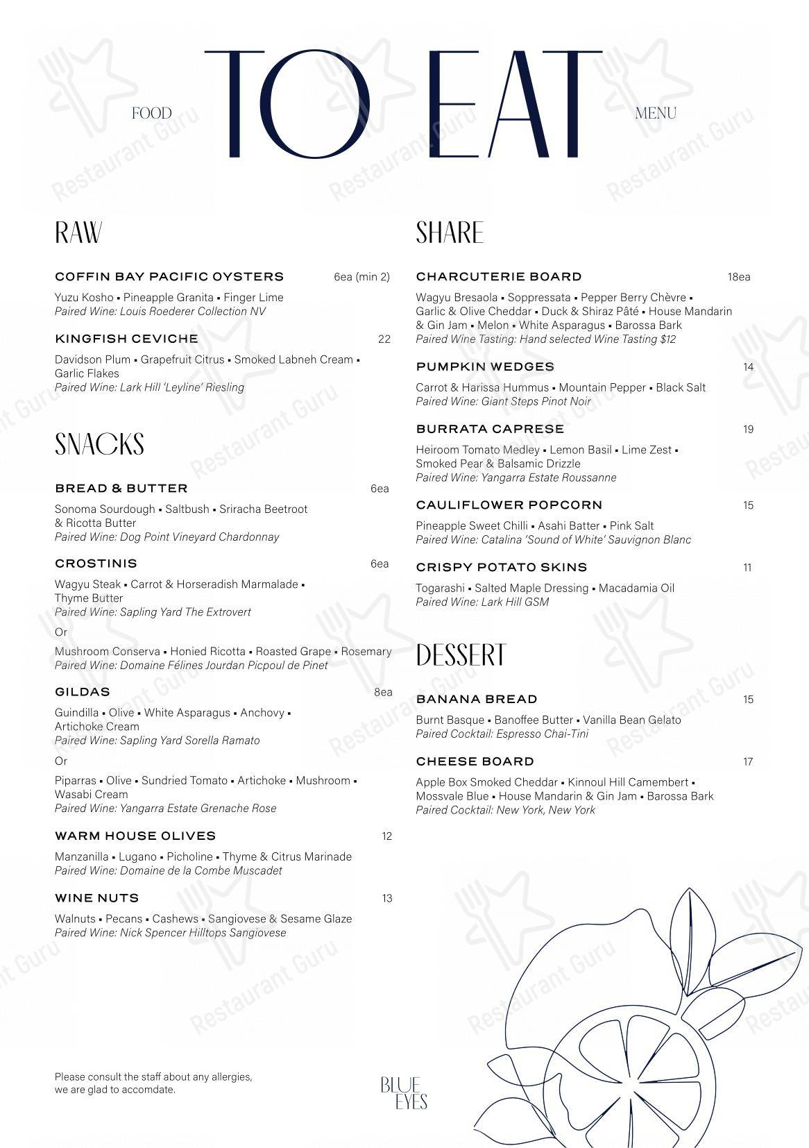 Menu at Blue Eyes pub & bar, Canberra