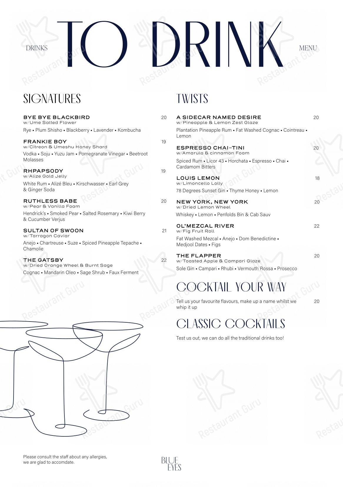 Menu at Blue Eyes pub & bar, Canberra