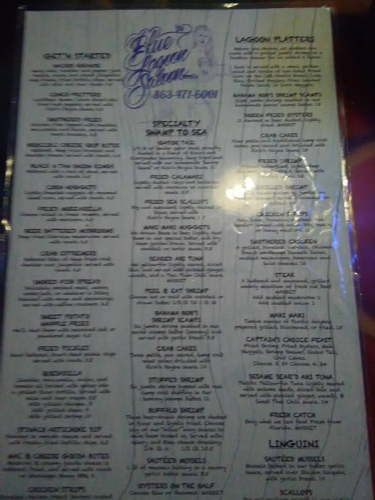 Menu at Blue Lagoon Saloon pub & bar, Sebring