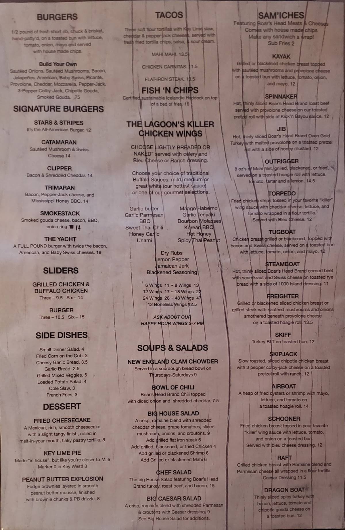 Menu at Blue Lagoon Saloon pub & bar, Sebring
